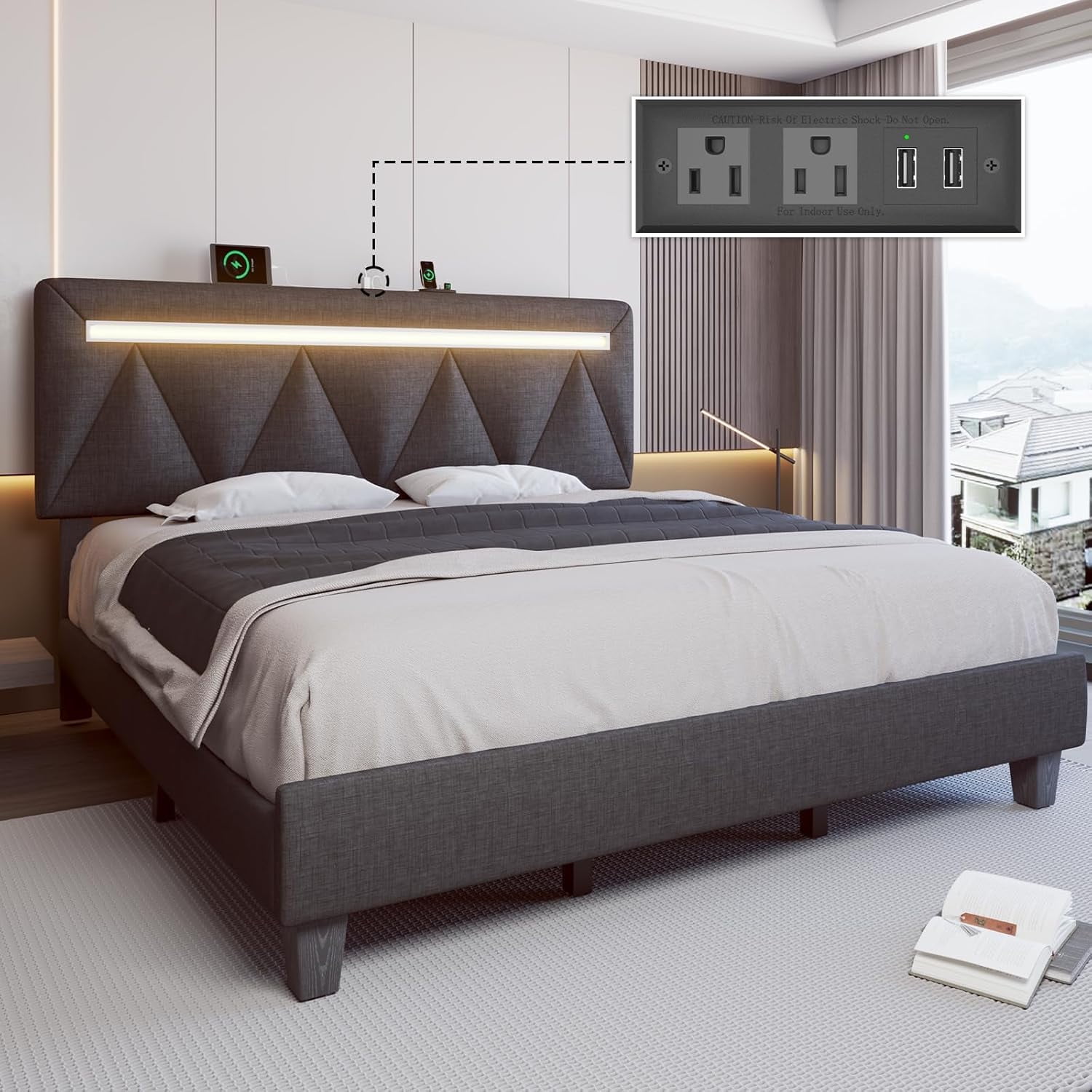 Holiway Full Upholstered Bed Frame with Adjustable Headboard, LED Bed ...