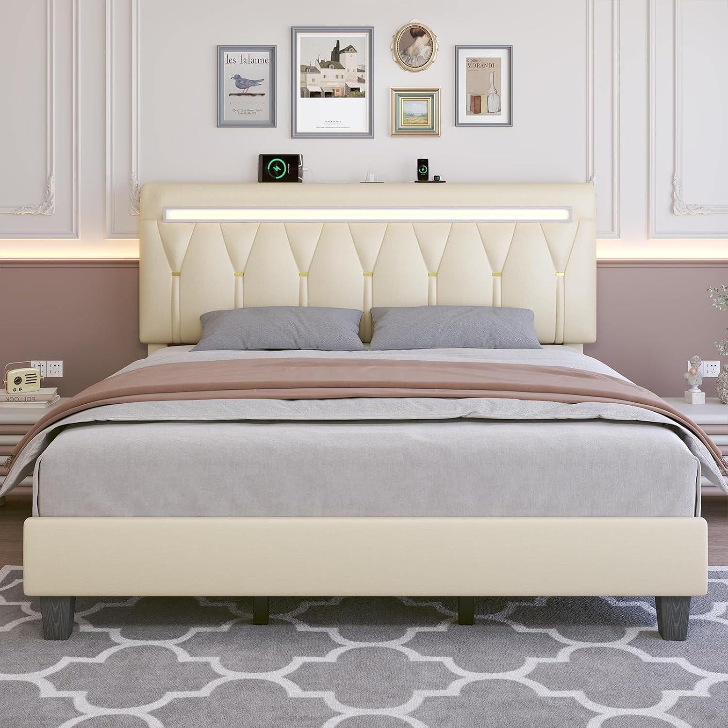 Holiway King Size Bed Frame with LED Lights and Adjustable Headboard ...