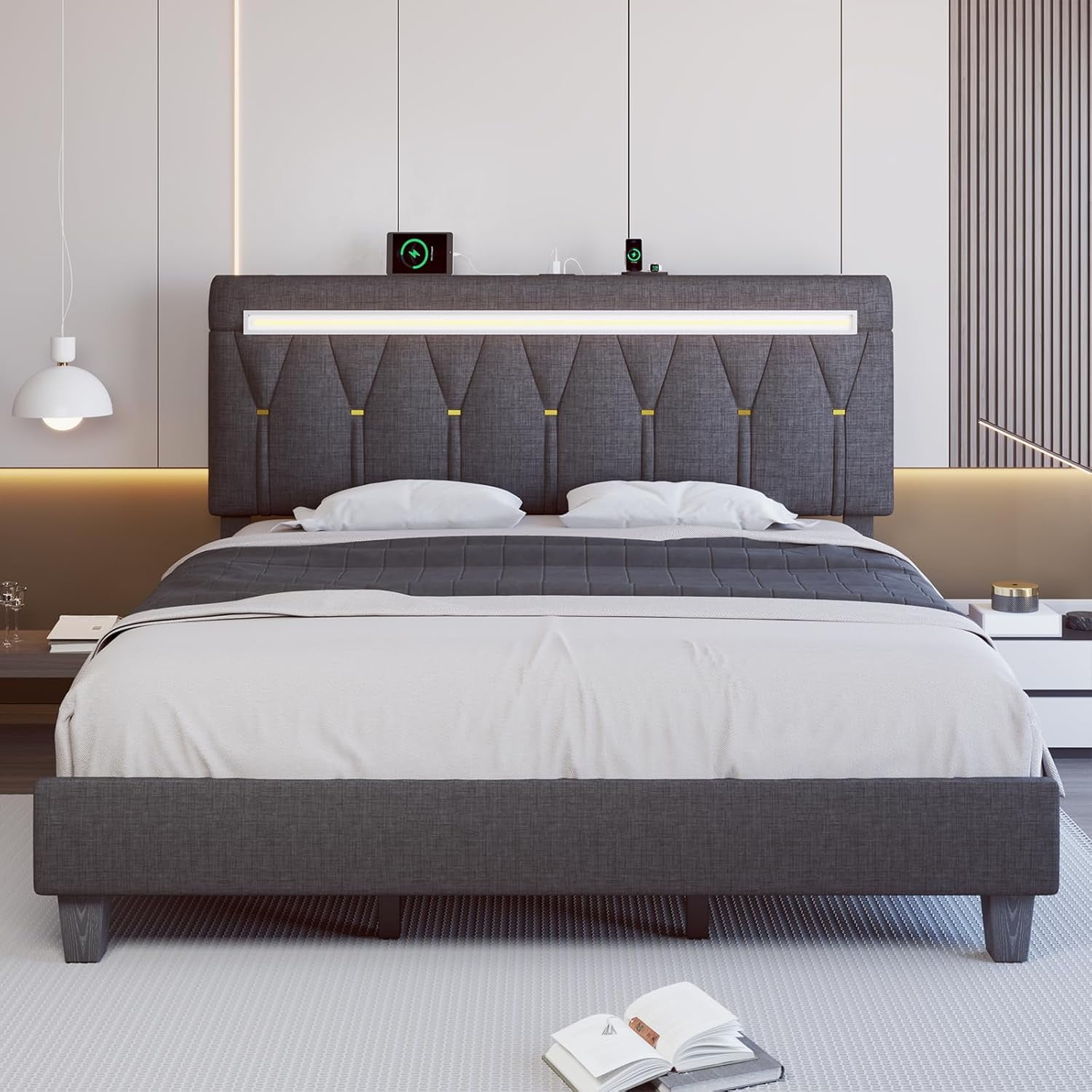 Holiway King Size Bed Frame with LED Lights and Adjustable Headboard ...