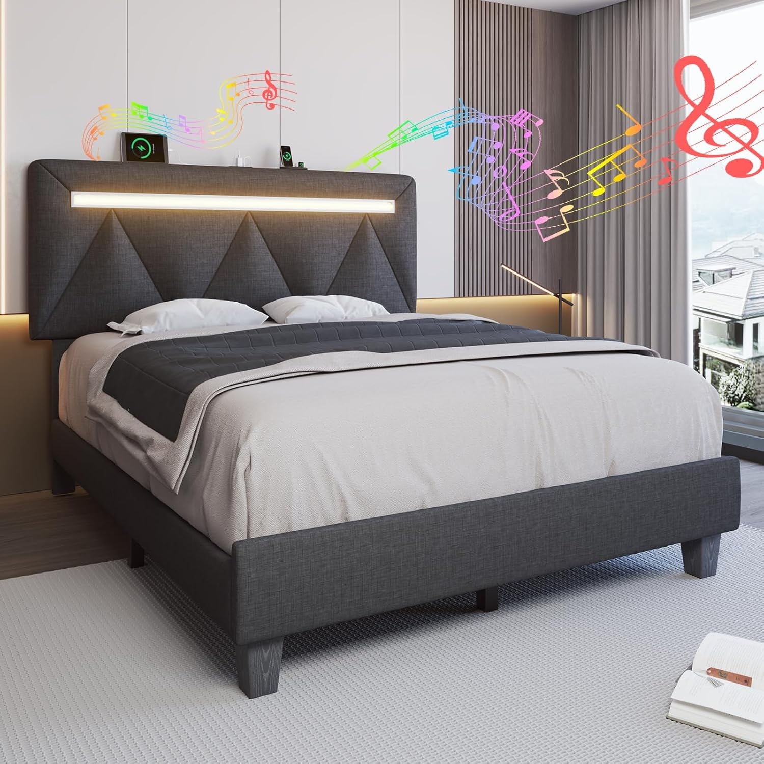 Holiway Led Bed Frame Full Size with Upholstered Adjustable Headboard ...