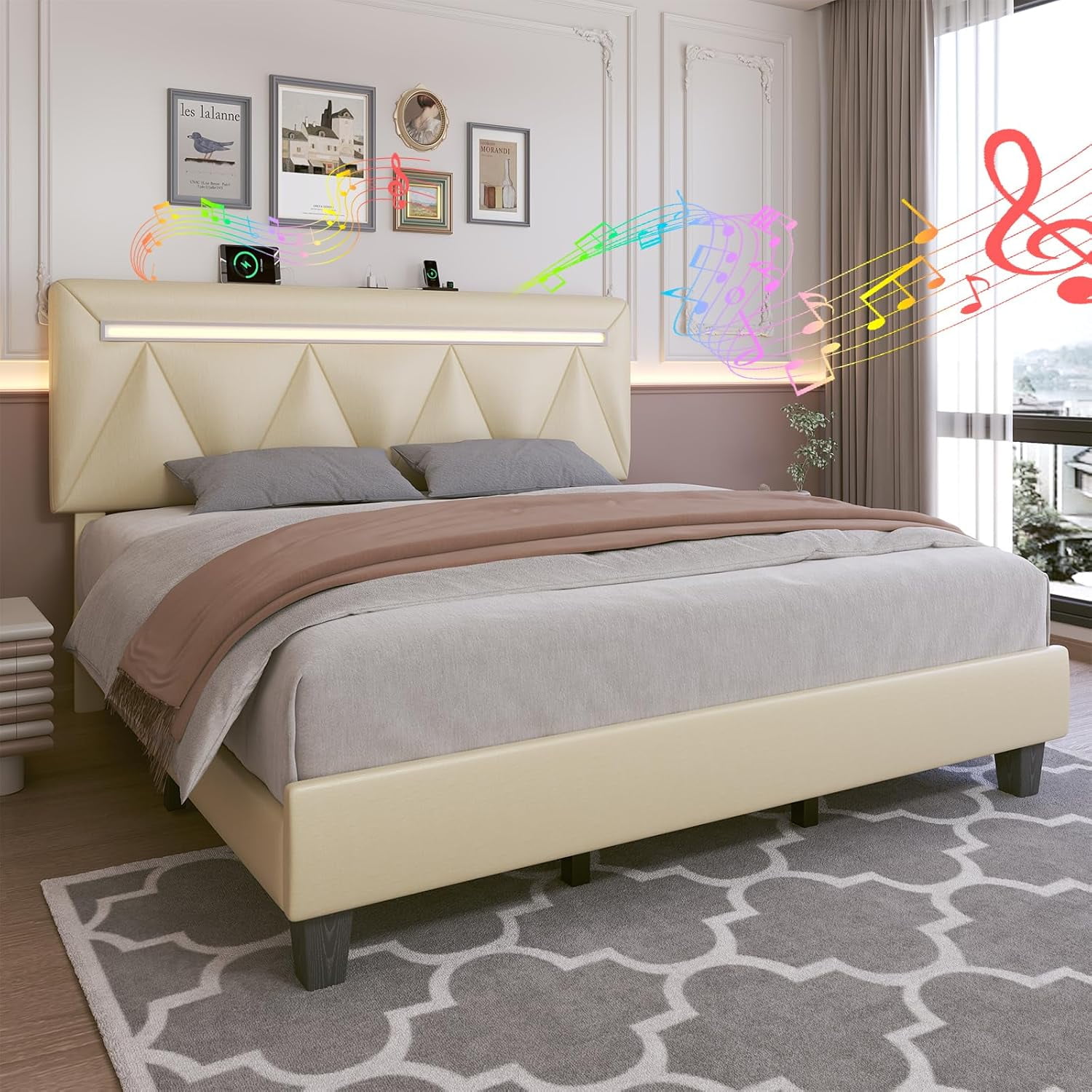 Holiway Led Bed Frame King Size with Upholstered Adjustable Headboard ...