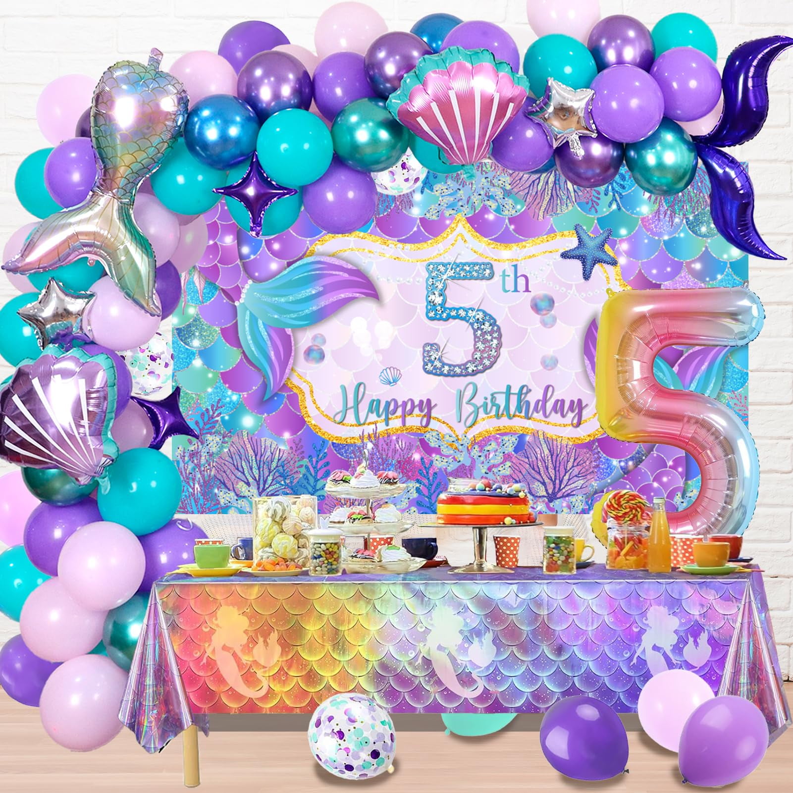 Holkcog 5th Birthday Decoration, 5th Mermaid AFN1Birthday Party 5 Years Old Mermaid Party ...