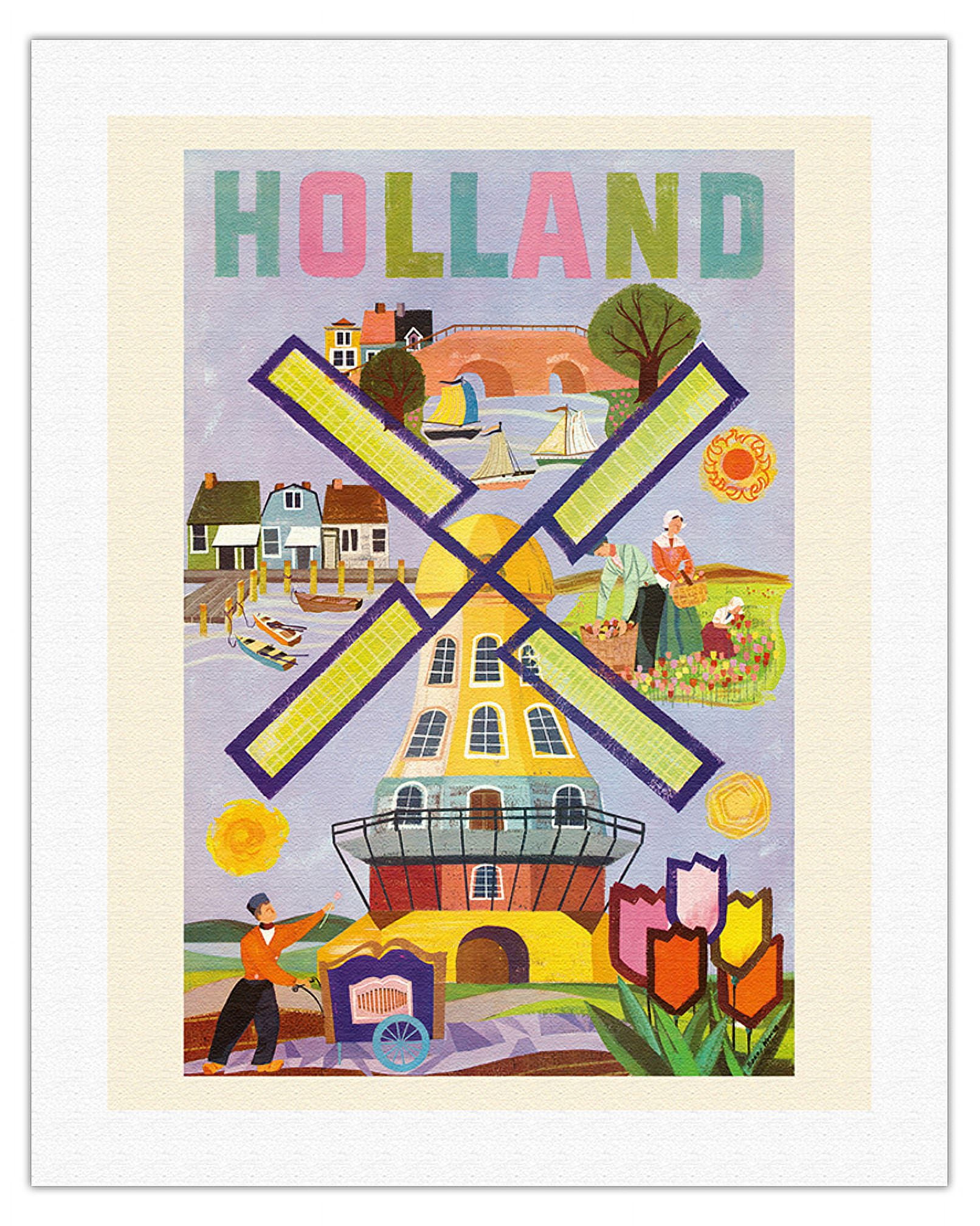 Holland Netherlands - Dutch Windmill - Vintage Travel Poster by Berry ...