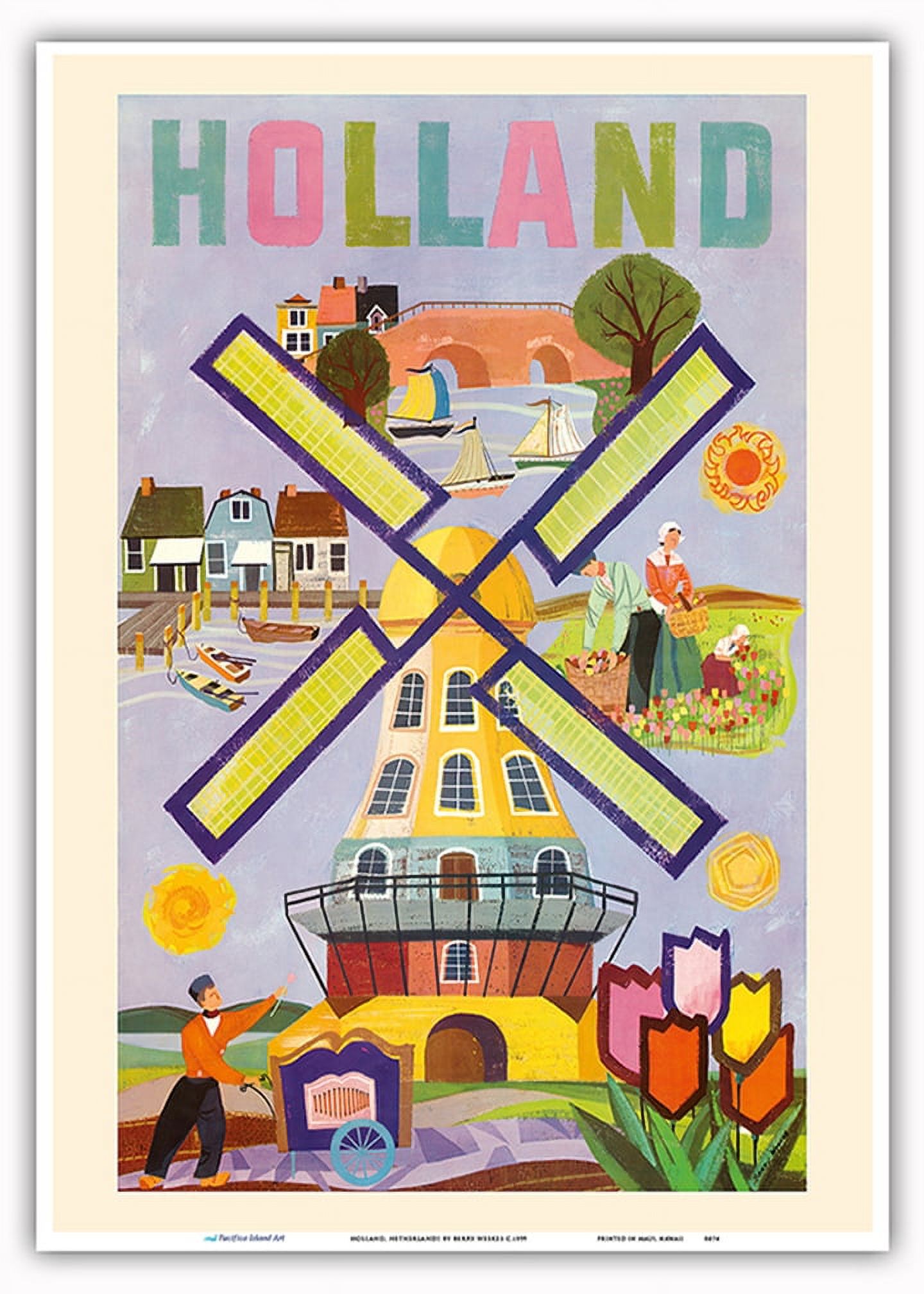 Holland Netherlands - Dutch Windmill - Vintage Travel Poster by Berry ...