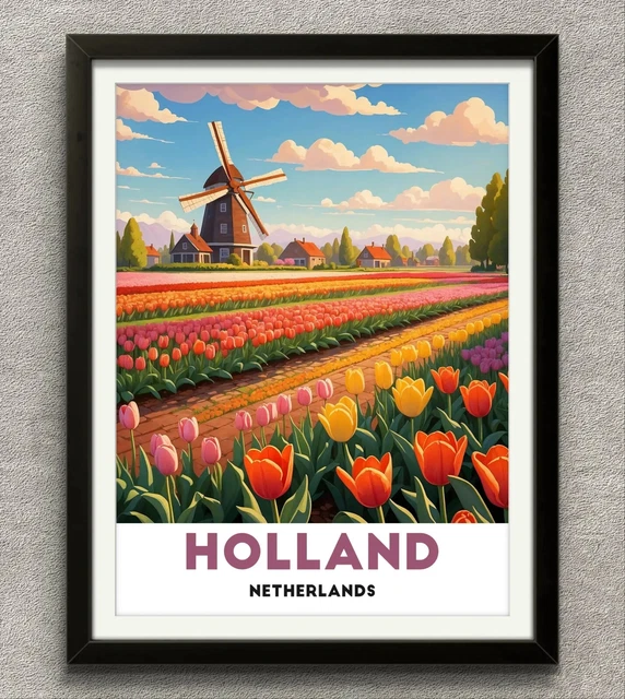 Holland Poster - Windmill And Tulip Fields In Netherlands, Vibrant ...