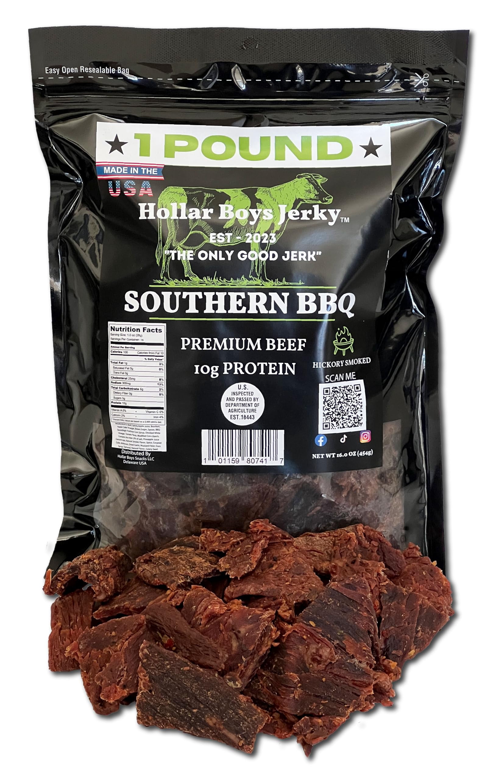 Hollar Boys Snacks Southern VTF5 BBQ Beef Jerky One Pound Resealable ...