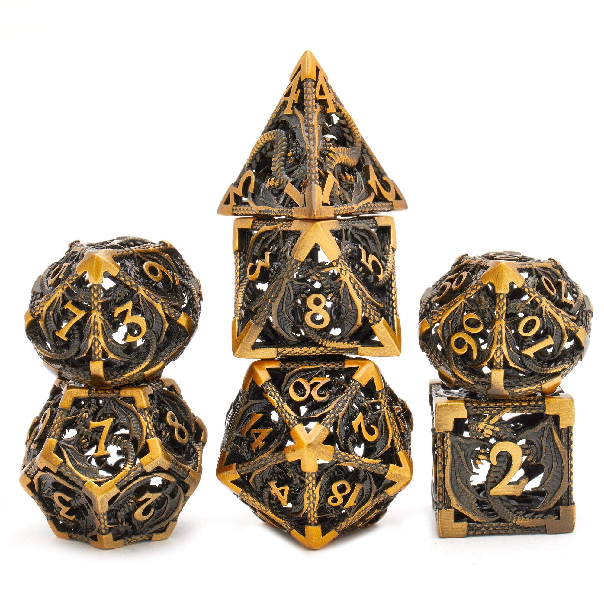 Hollow Metal DND Game Dice Dragon Shape Carved Antique Gold 7Pcs Set ...
