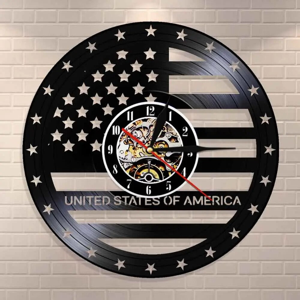 Hollow USA Flag Vinyl Wall Clock,Vinyl Record Clock Wall Art Black ...