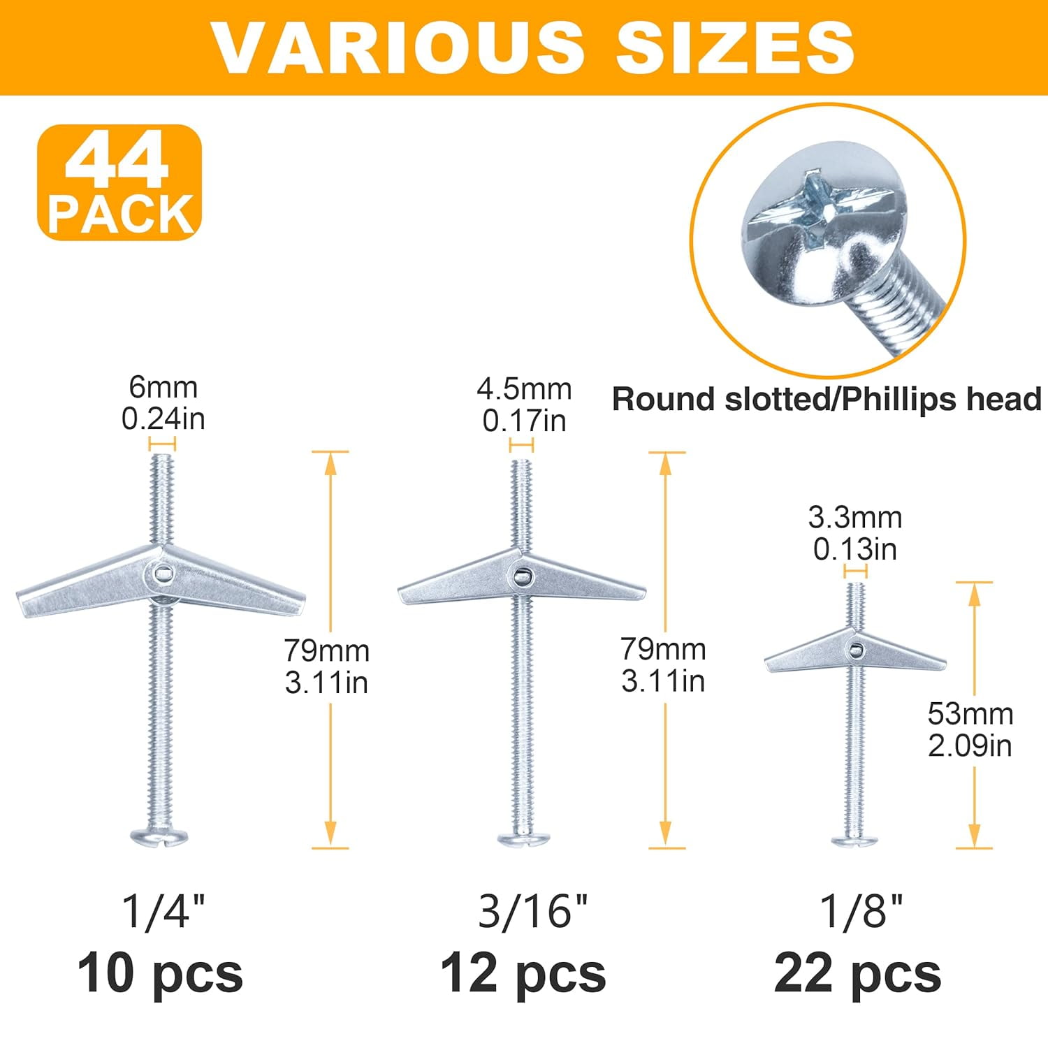 Hollow Wall Anchors Assorted Kit - 44Pcs Heavy Duty Toggle Bolts & Wing ...