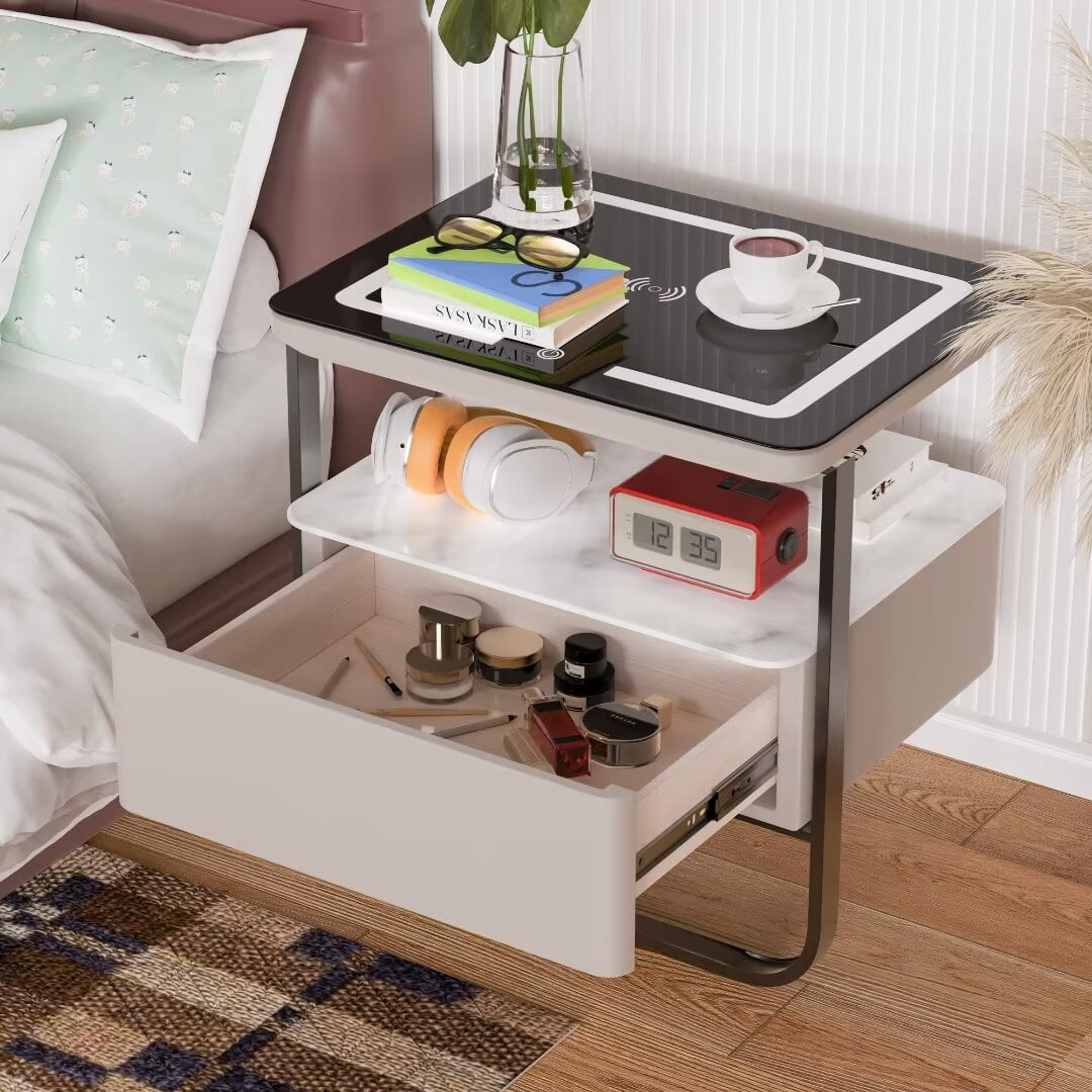 FINE MAKER Hollow Design Smart Bedside Table, Multifunctional 20 x 20 x ...