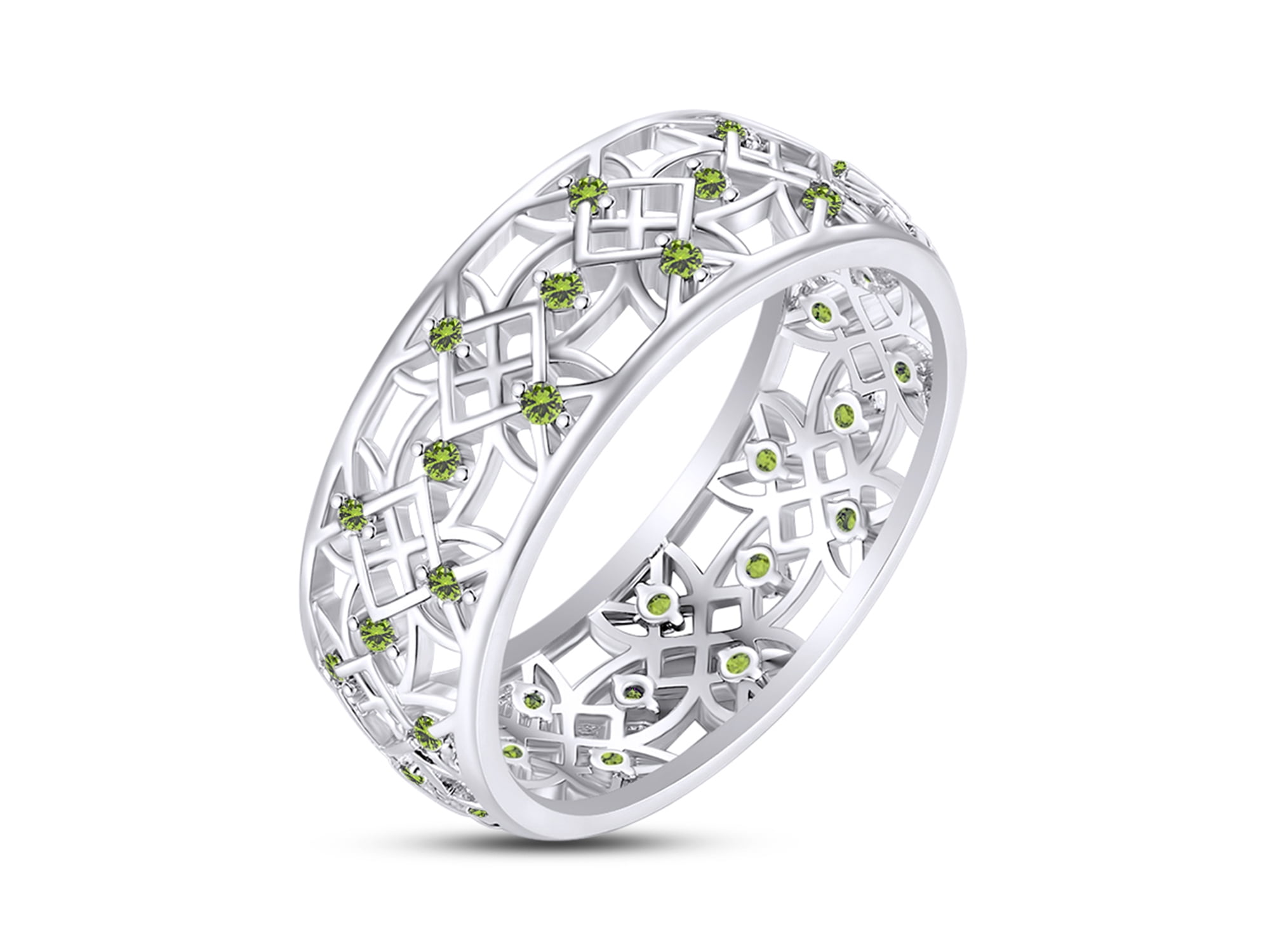 AFFY Round Simulated Peridot Hollowing Flower Ring for Women 14K White ...