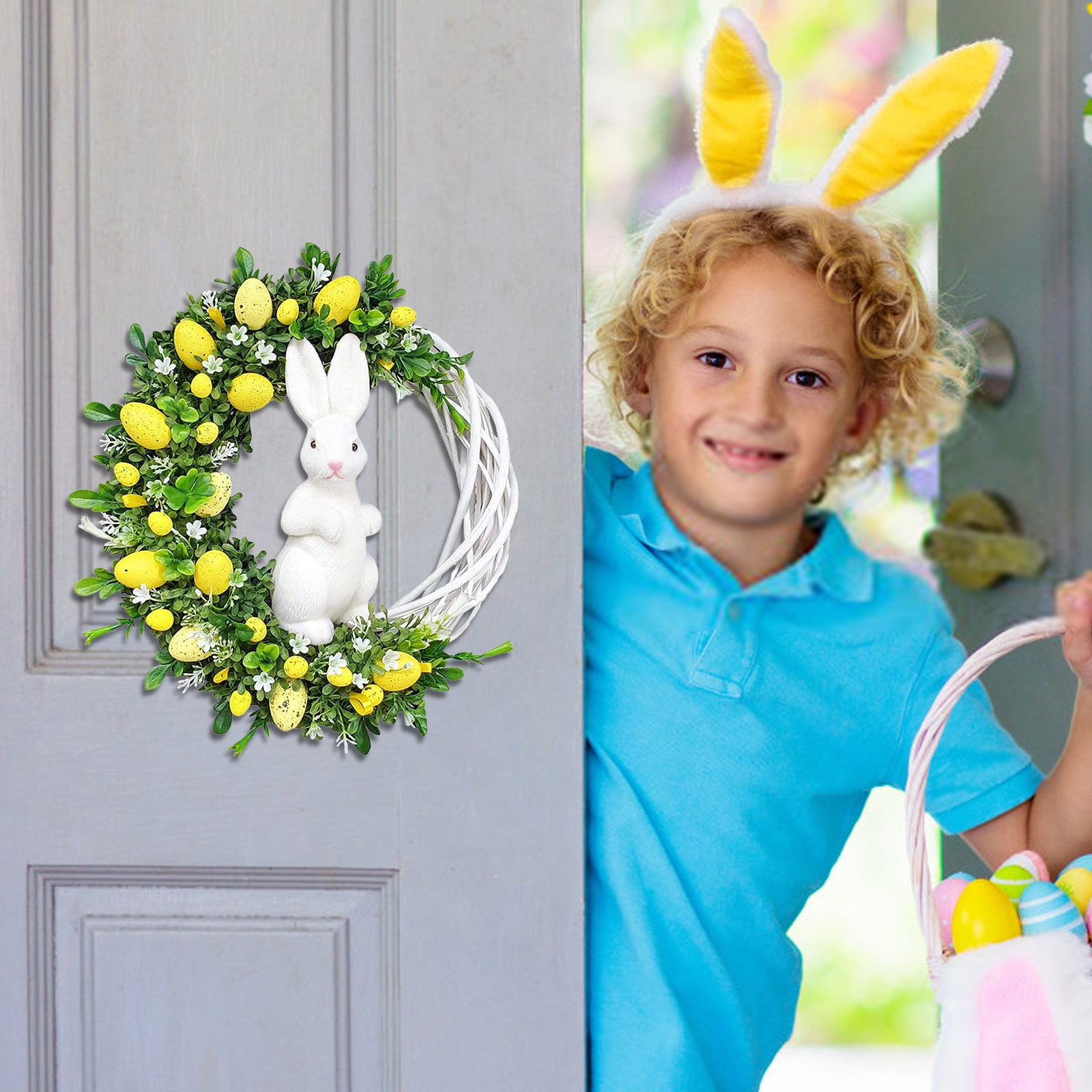 Holloyiver 10" Easter Egg Wreath With Bunny Statue, Artificial Easter ...