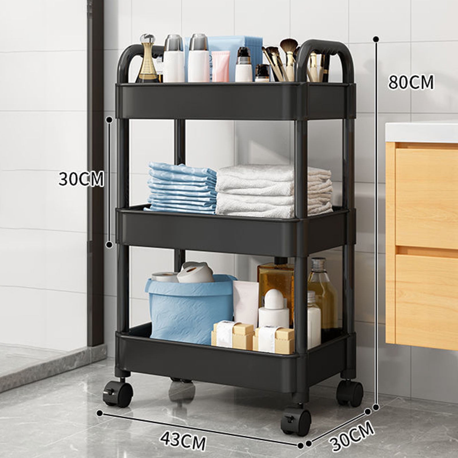 Holloyiver 3-Tier Utility Rolling Cart, Storage Cart with Handle and ...