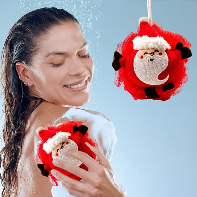 Holloyiver Christmas Bath Loofah, Santa Claus Red Mesh Pouf Shower ...