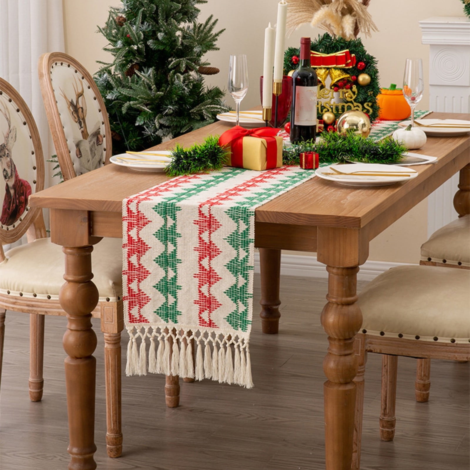 Holloyiver Christmas Table Runner, 70 x 13 Inches, Braided Striped ...