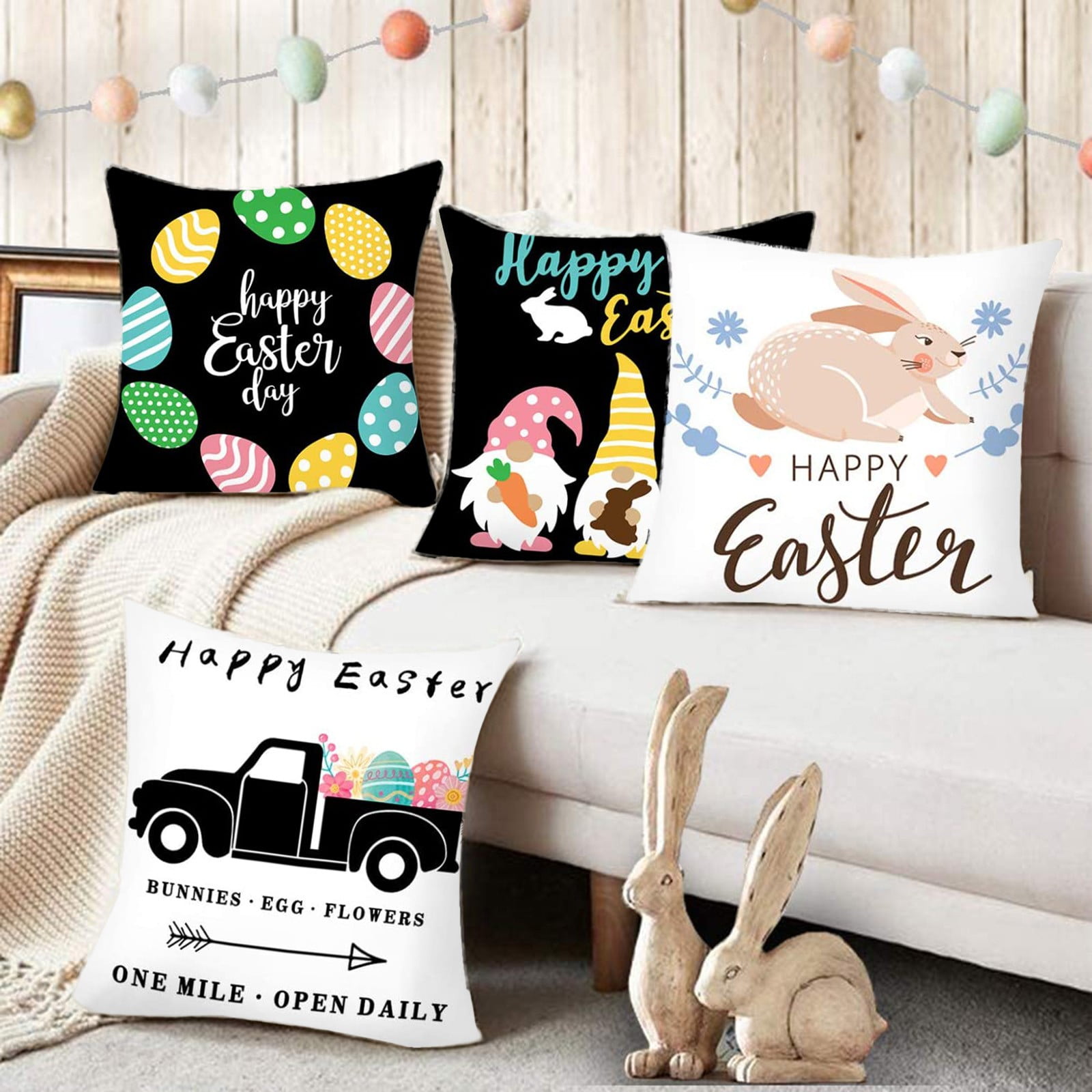 Holloyiver Easter Bunny Pillow Covers, 18x18 Set of 4 Spring Easter ...