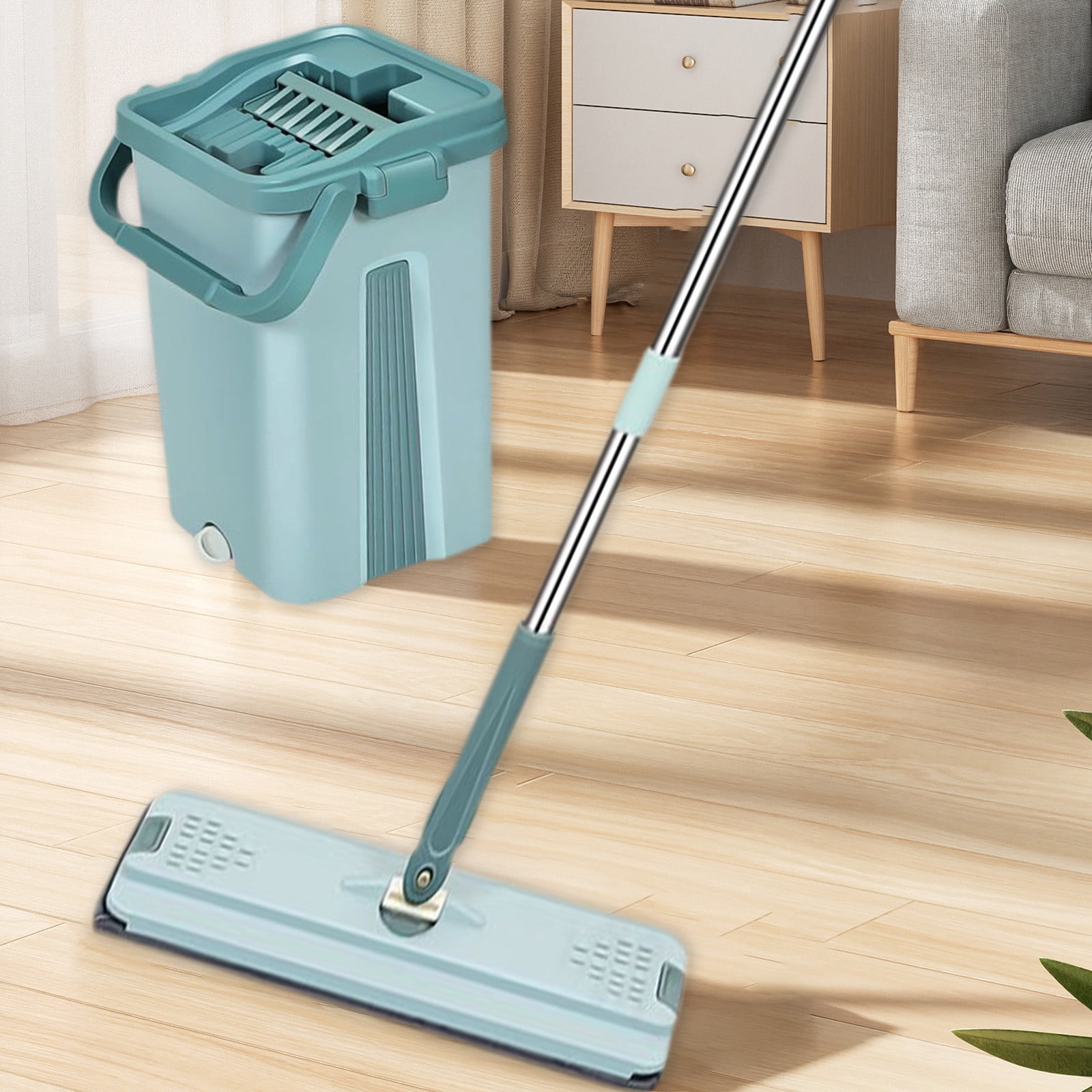 Holloyiver Flat Squeeze Mop and Bucket with Wringer Set, 2 Replaceable ...