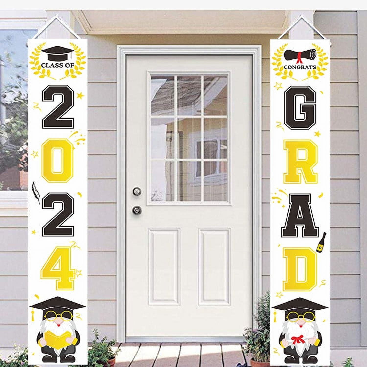 Holloyiver Graduation Porch Sign Banner, White Black Gold 2024 GRAD ...