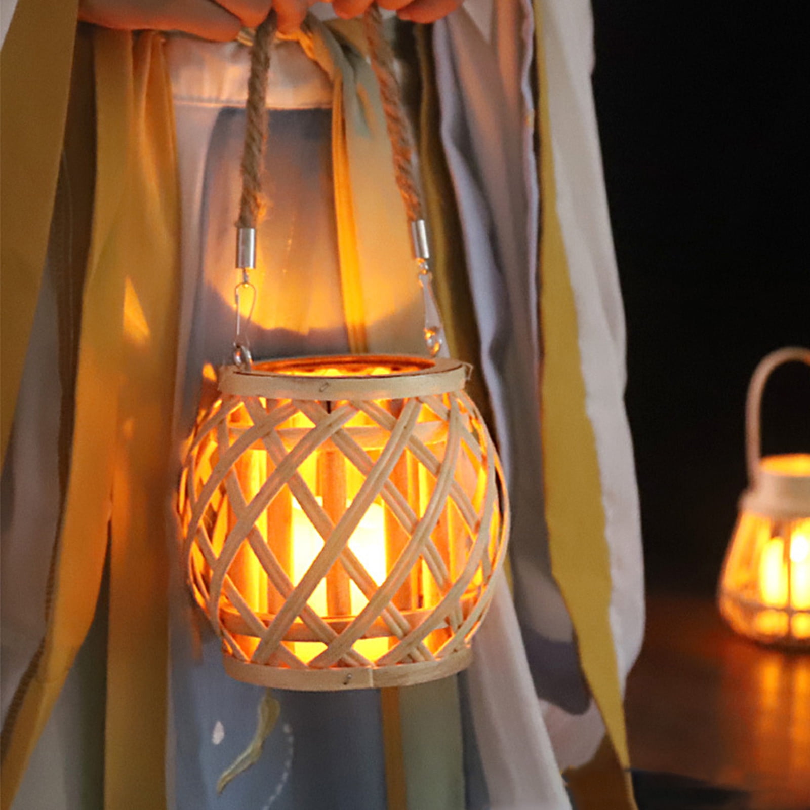 Holloyiver Hanging Lantern Outdoor, Waterproof Natural Bamboo Lanterns with Handle, Candle ...