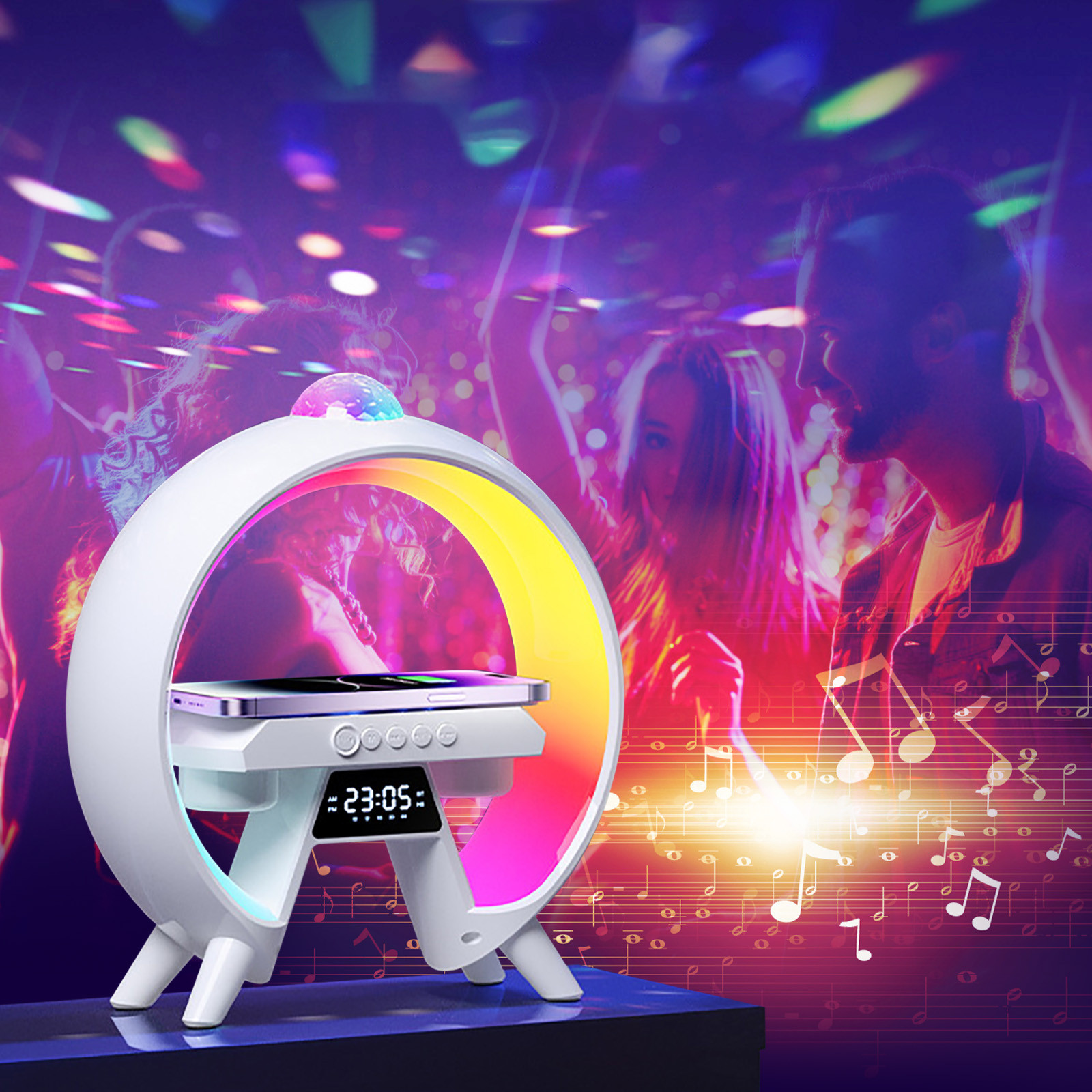 Holloyiver Round LED Clock Alarm with Bluetooth Speaker, 15w Fast ...