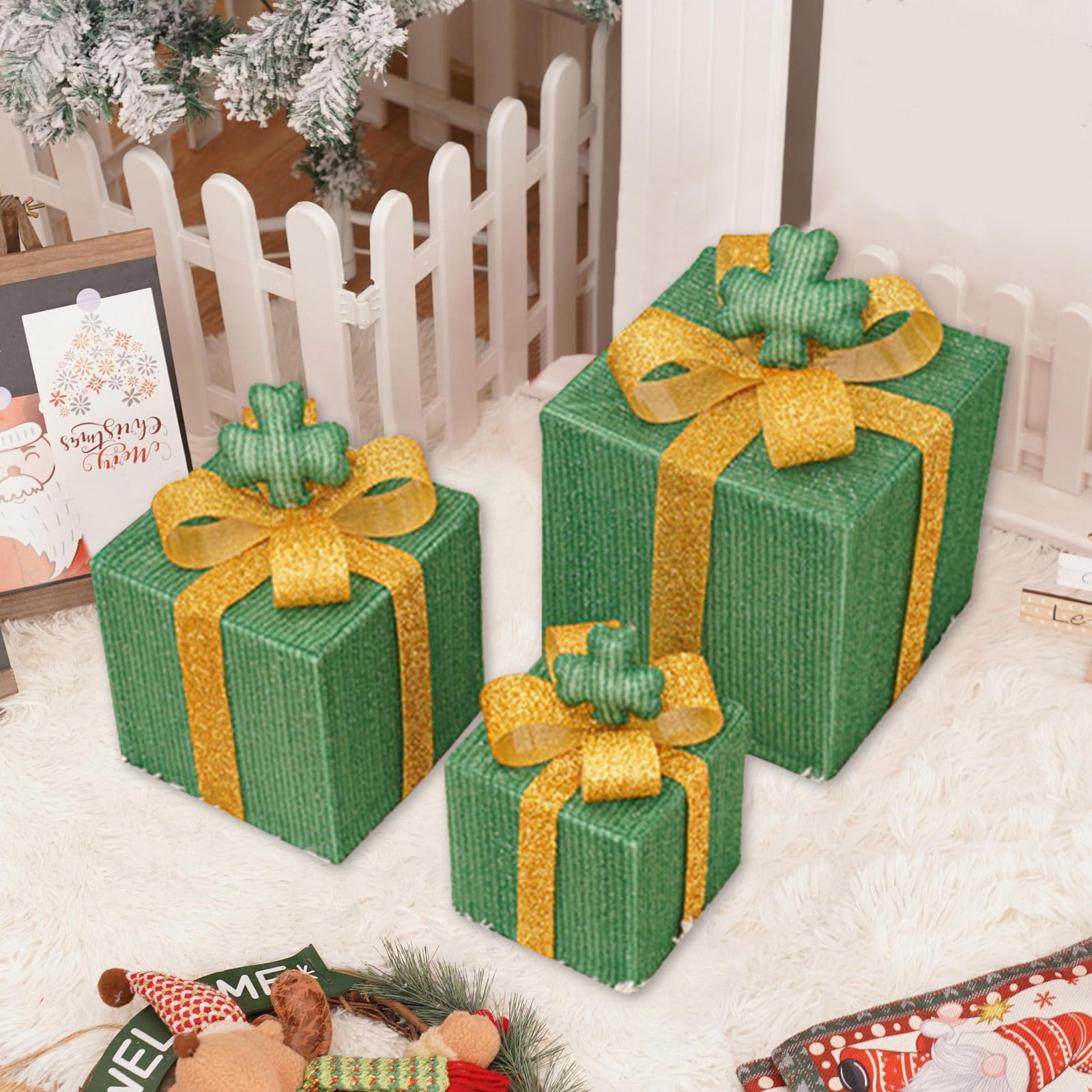 Holloyiver Set of 3 Christmas Lighted Gift Boxes, Pre-lit Christmas ...