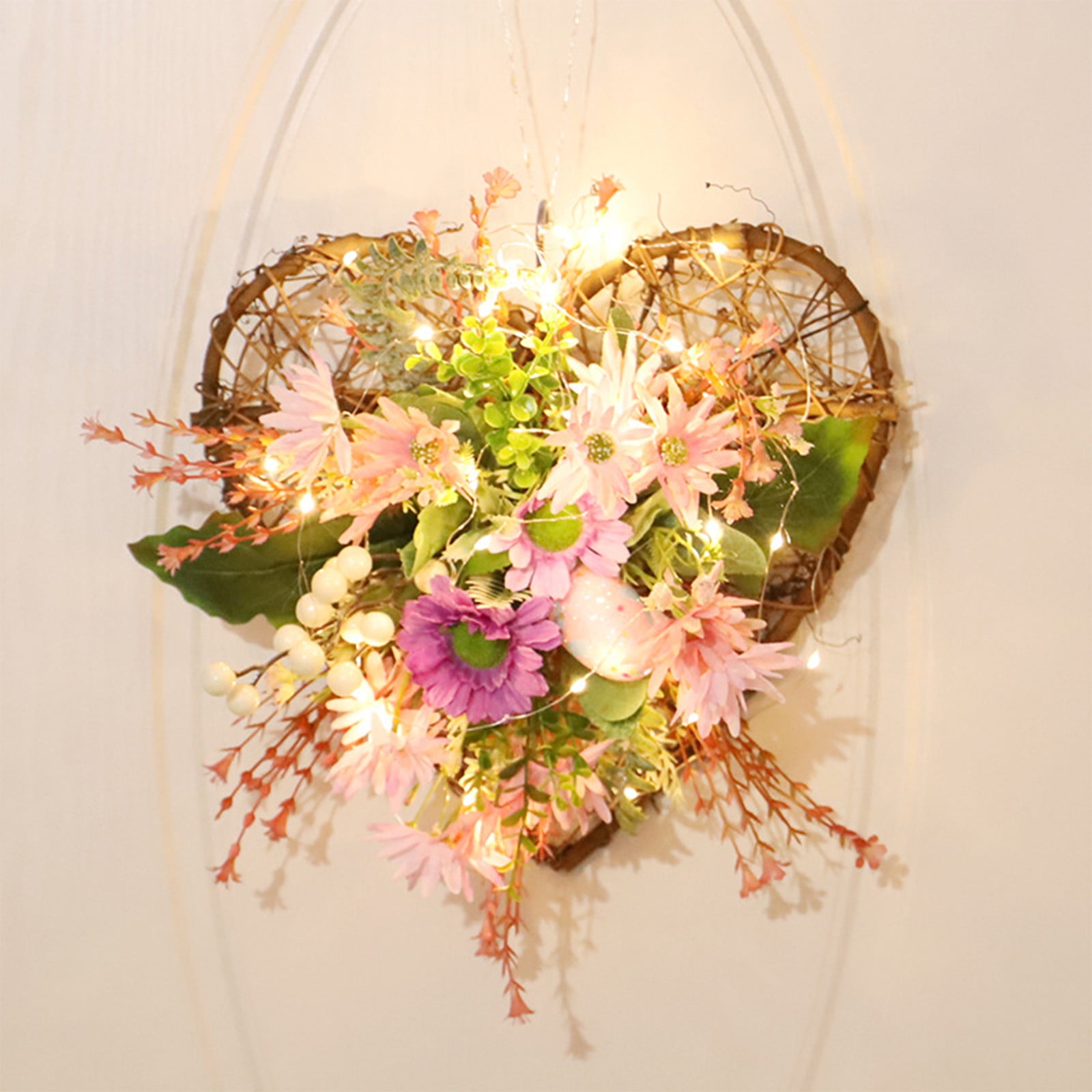 Holloyiver Spring Floral Easter Wreath, 13.7Inch Heart Shaped Rattan ...