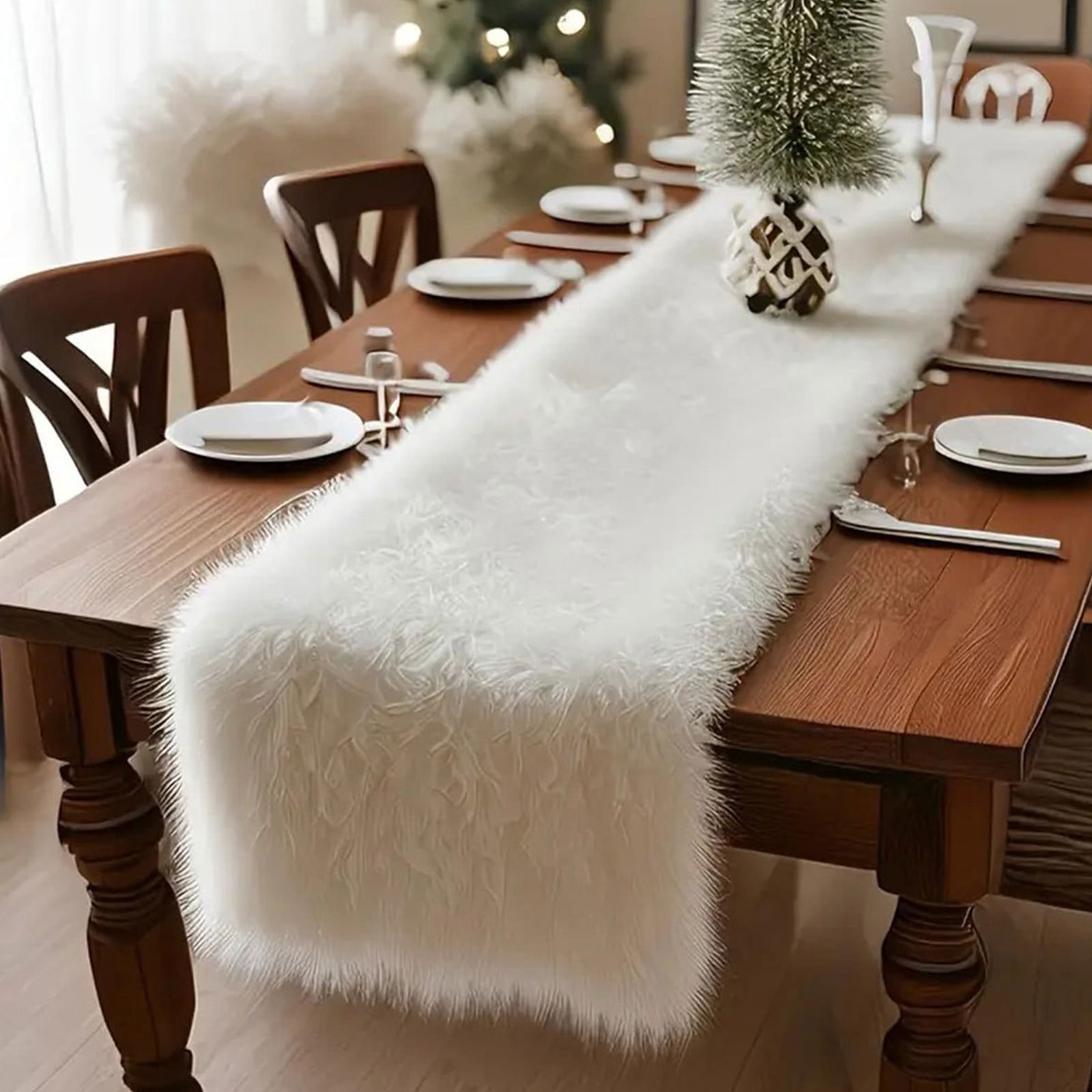 Holloyiver White Faux Fur Table Runner, 14x70 Inch Thanksgiving ...