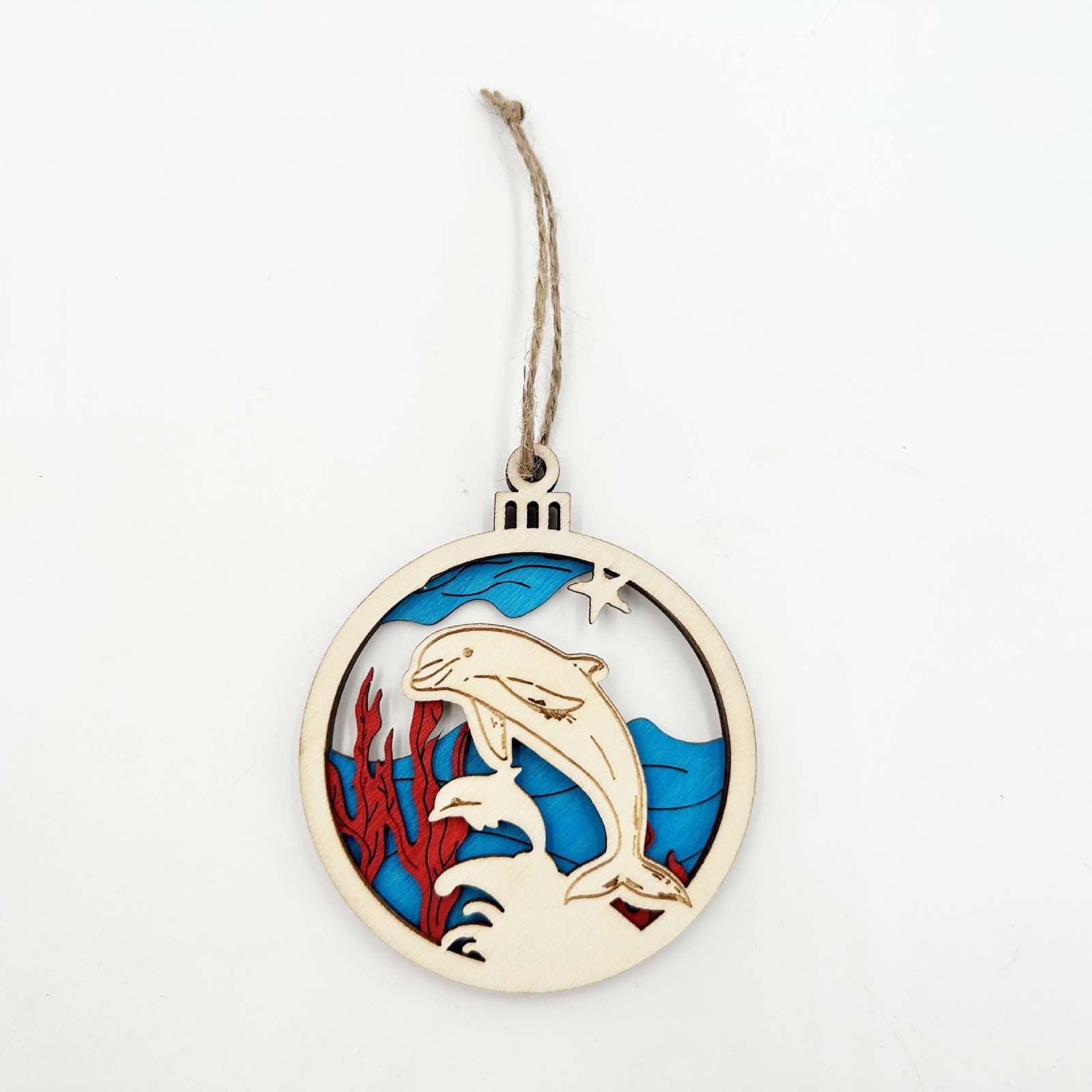 Holloyiver Wooden Christmas Ornaments Hanging Ocean Themed Hanging Ornaments Dolphins Crabs