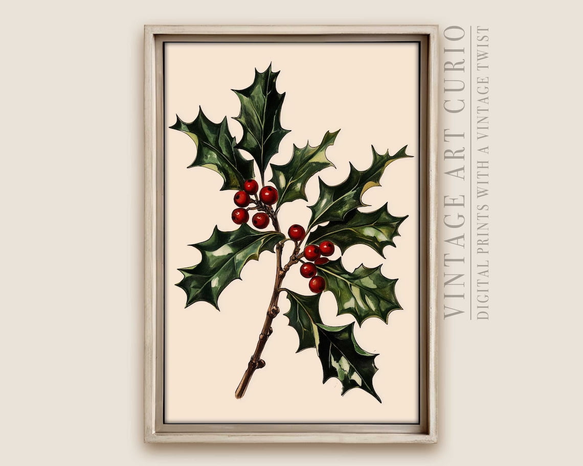 Holly Berry Botanical Wall Art Print, Elegant Holiday Decor, Nature ...