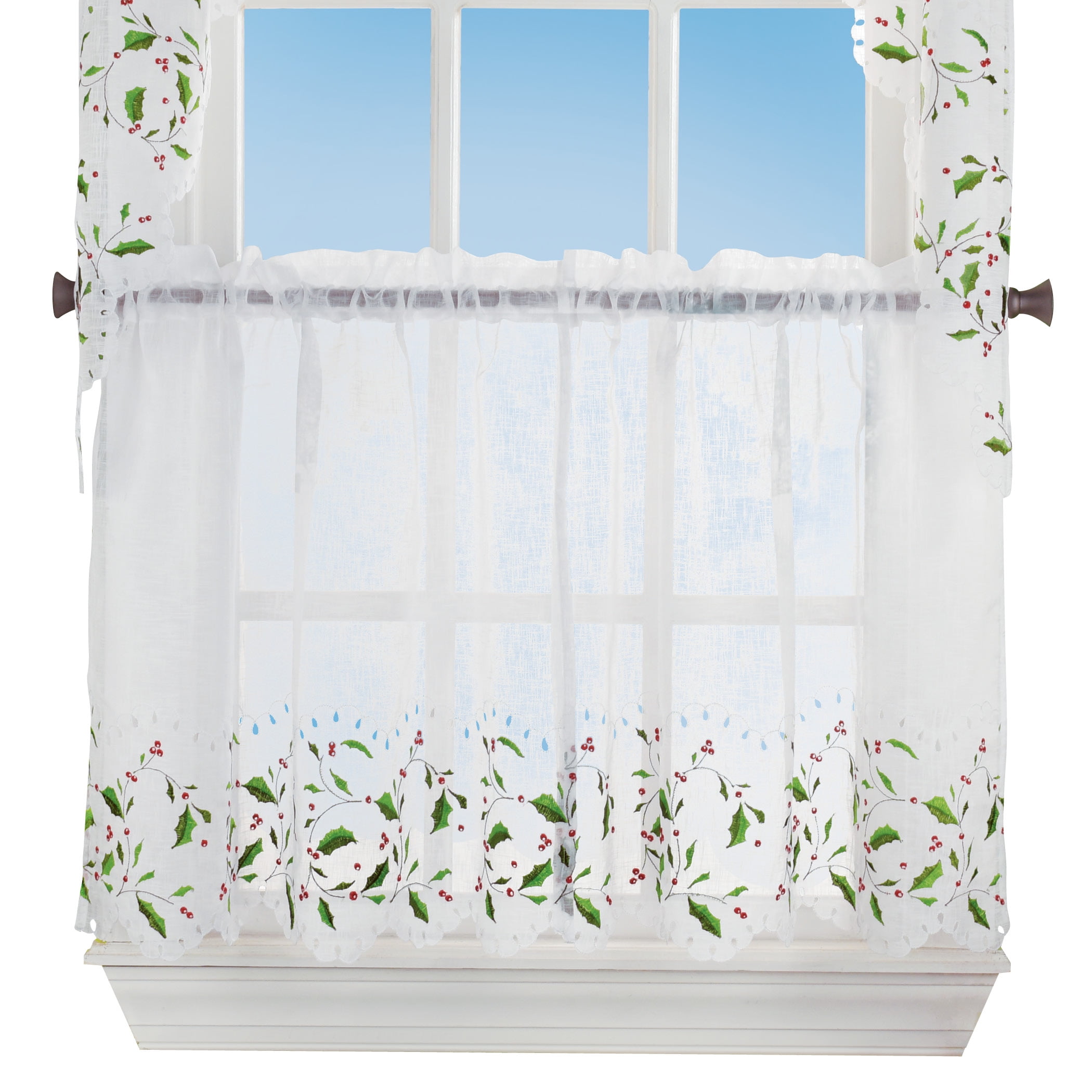 Holly Embroidered Window Curtains with Rod Pocket Top - Holiday Home ...