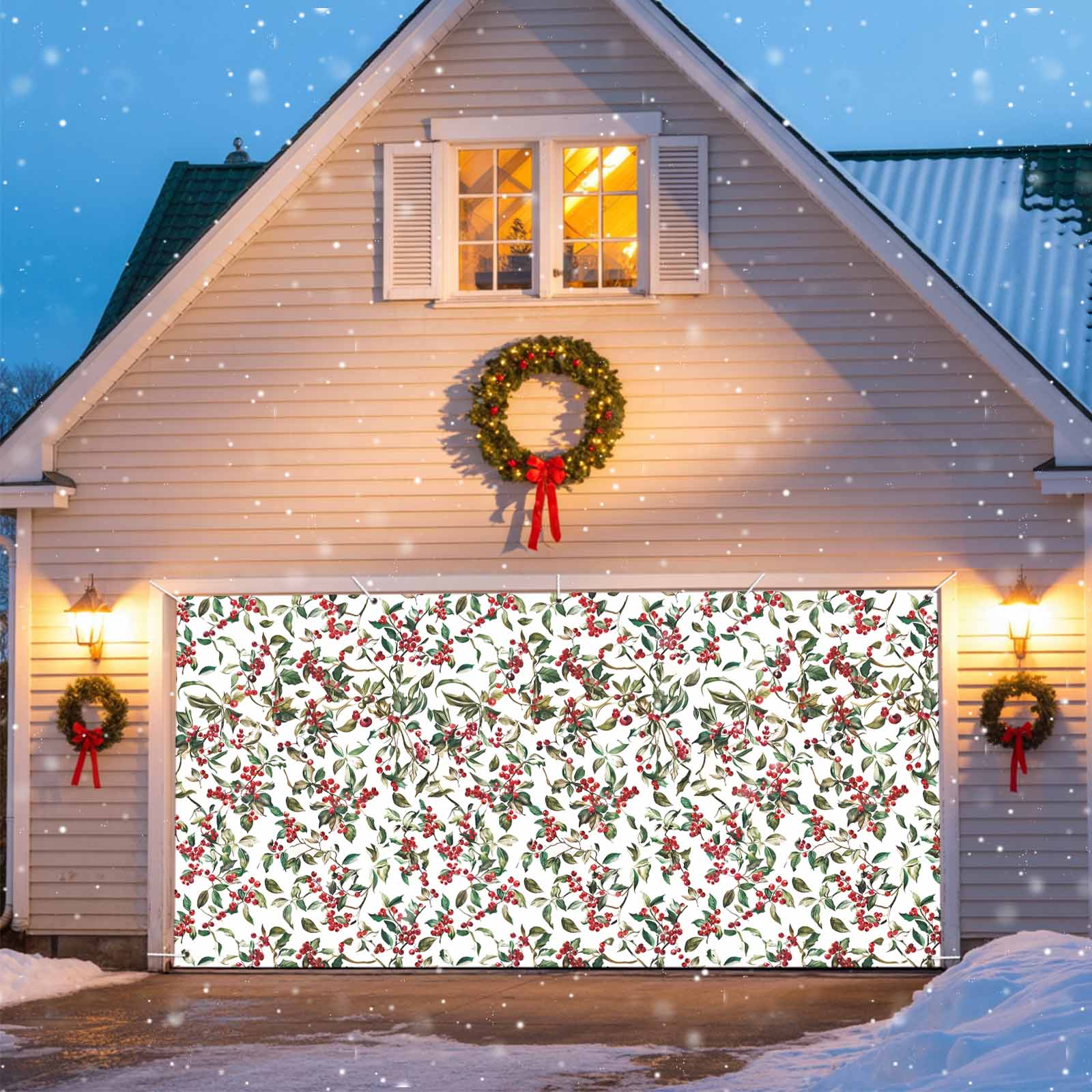 Holly Leaf Red Berry Christmas Garage Door Decorations, 6.9x8ft Garage ...