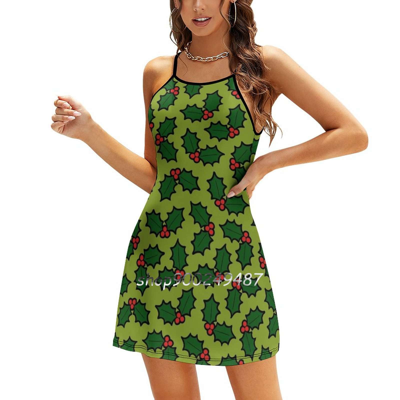 Holly Leaves And Berries Pattern In Light Green Square Neck Dress Sweet ...