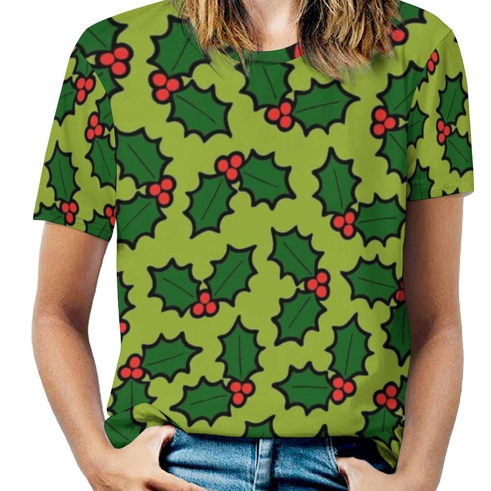 Holly Leaves And Berries Pattern In Light Green Womens T Shirt Summer