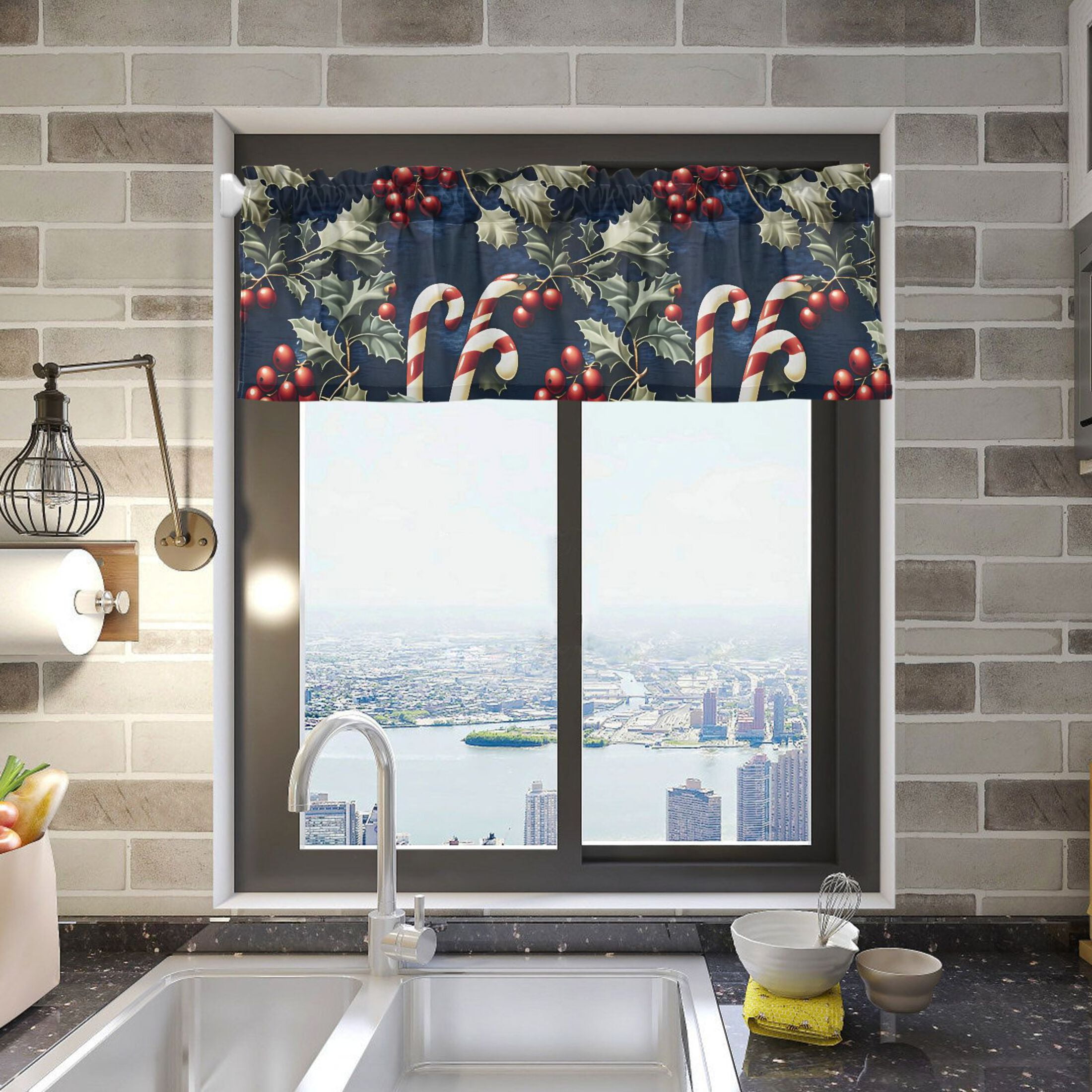 Holly Leaves Berries Candy Canes Valance Curtains Rod Pocket for ...