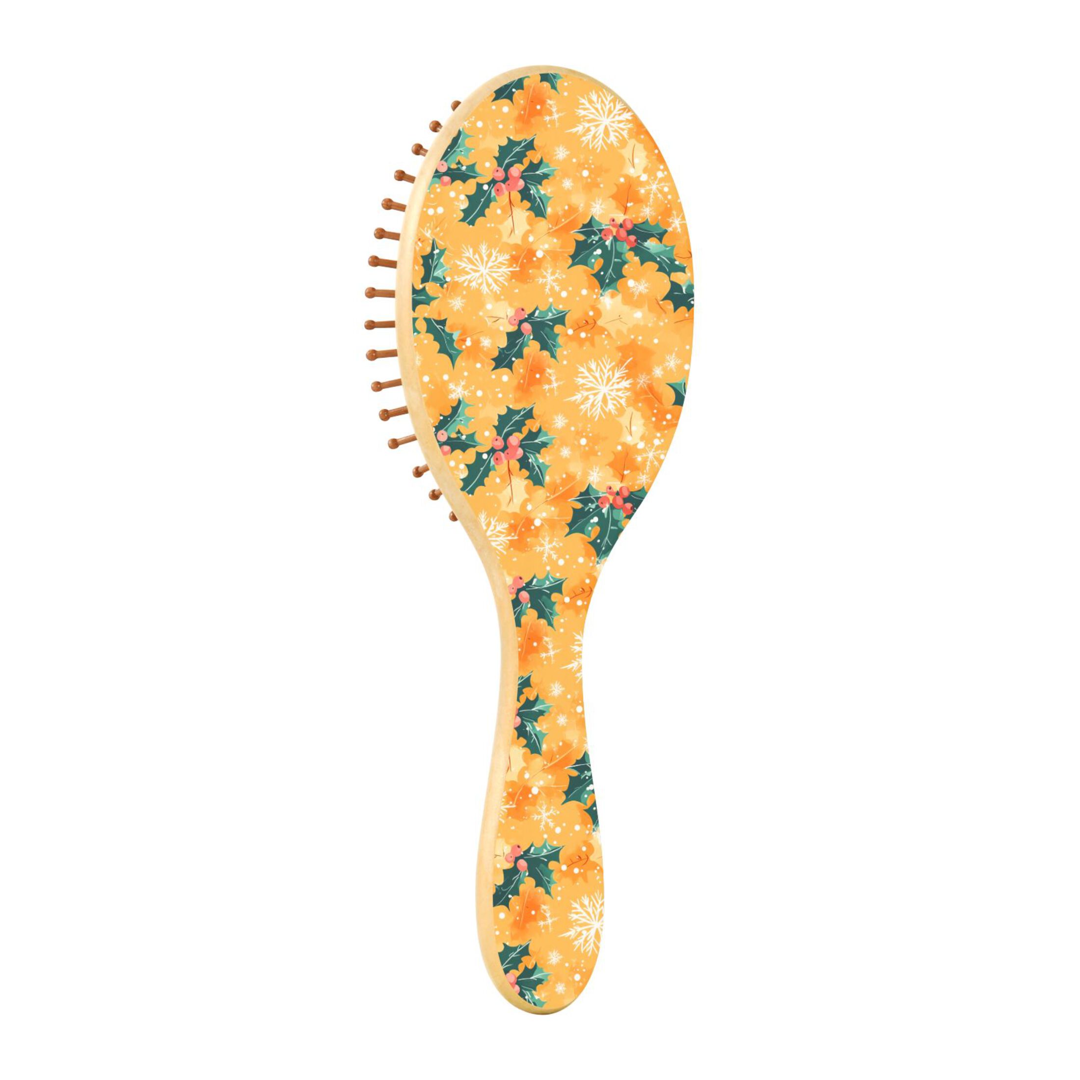 Holly Leaves and Snowflakes Natural Wooden Hair Brush with Cushion for ...