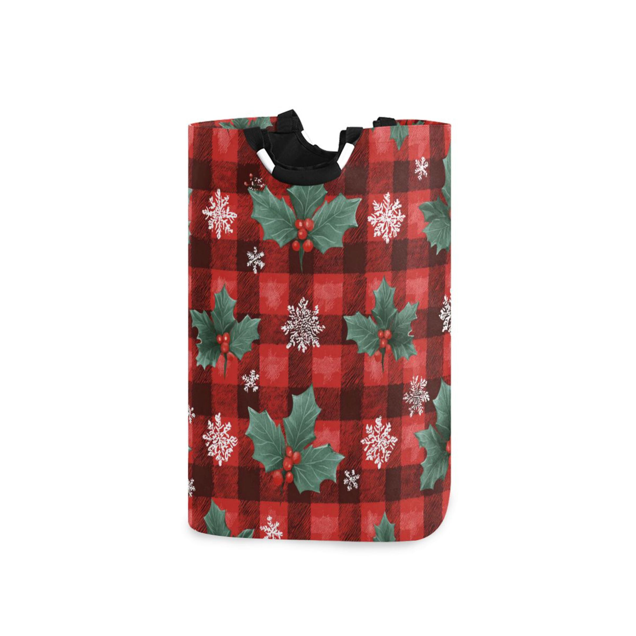 Holly Leaves with Snowflakes Christmas Red Plaids Laundry Basket with ...