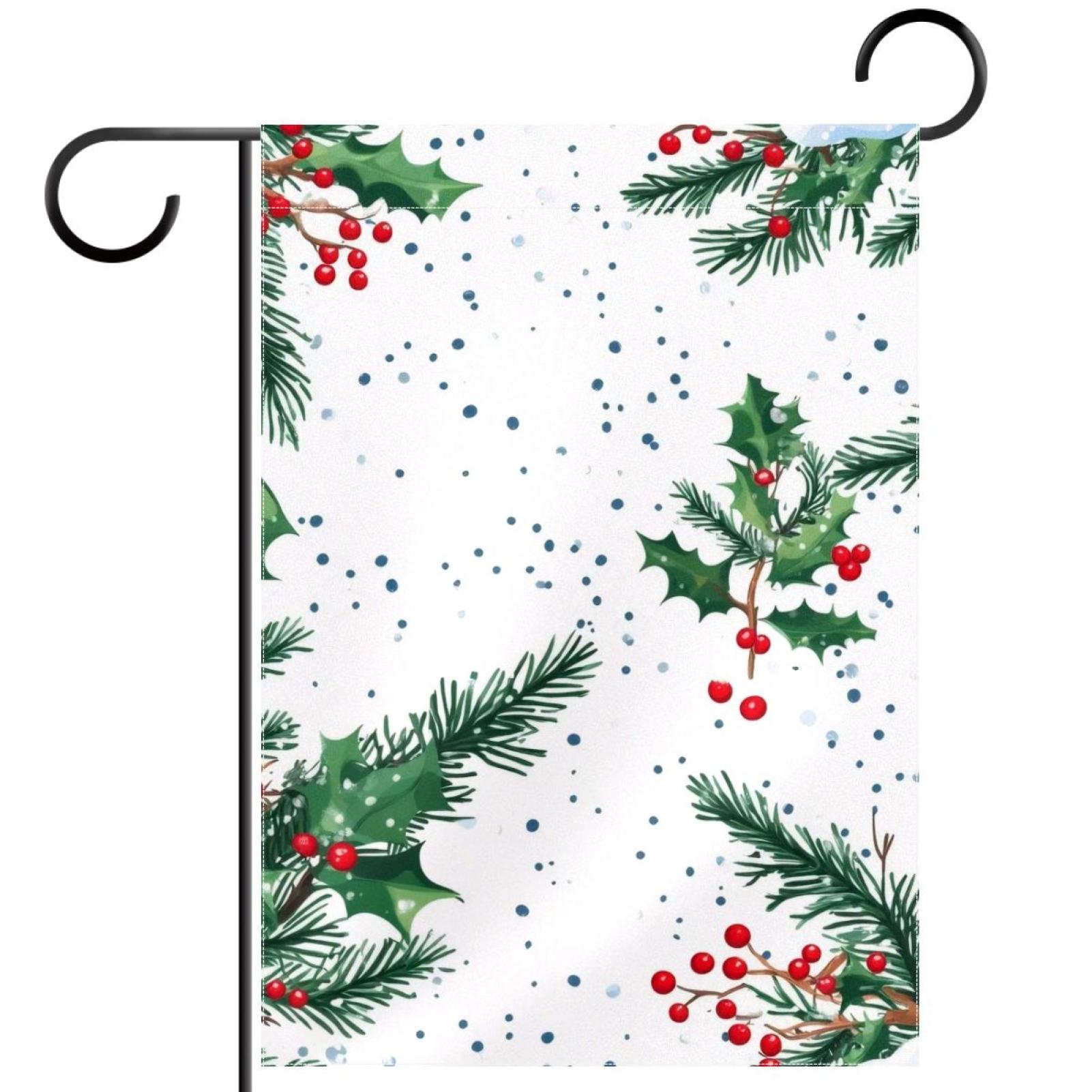 Holly Twigs with Red Berries Green Fir Trees Snow on White Background ...