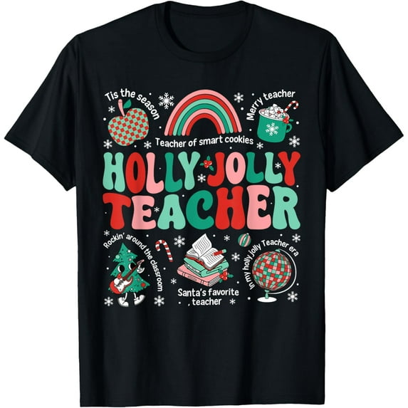Holly Xmas Jolly Teacher Christmas Vibes Rainbow Xmas Tree T-Shirt Tops ...