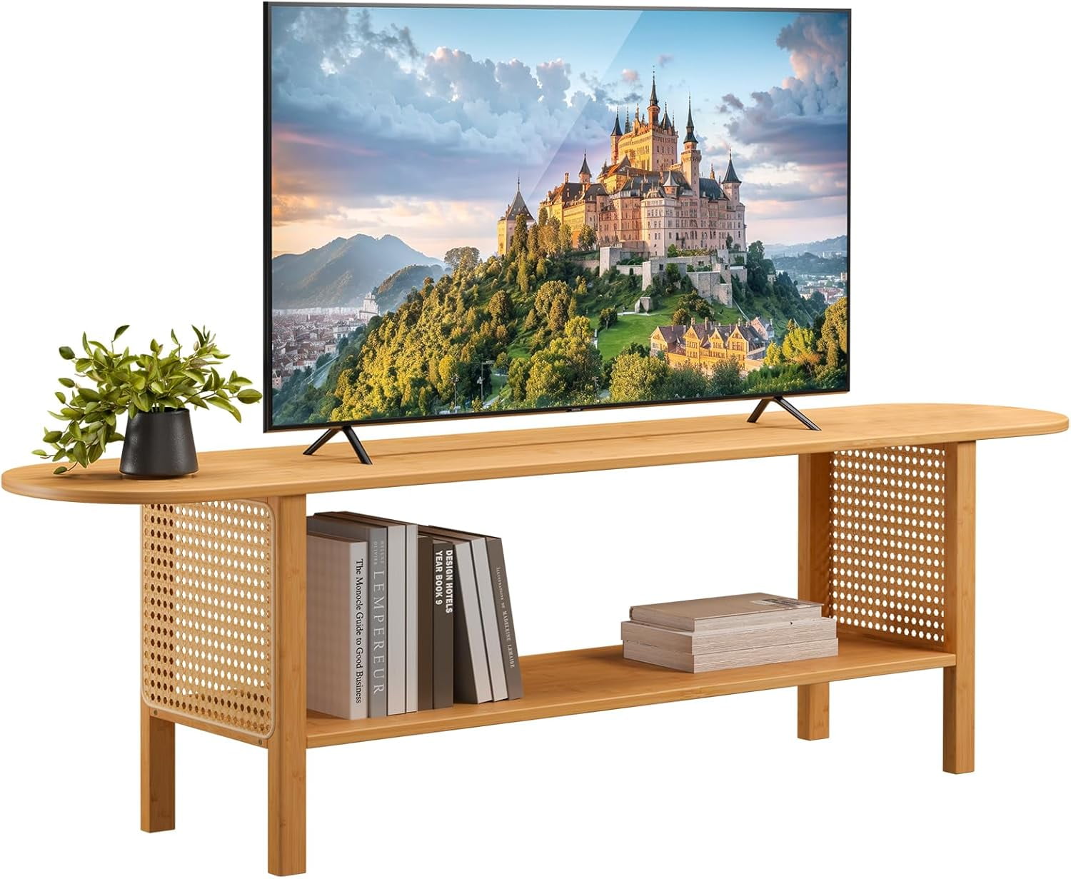 HollyHOME Bamboo TV Stand with Storage for TVs up to 65", Modern ...