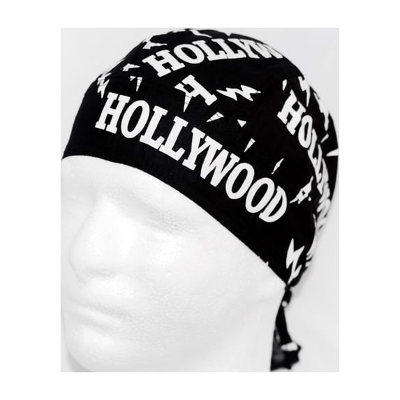 Hollywood Logo Bandana Skull Cap Doo Rag - Black with White Lettering ...