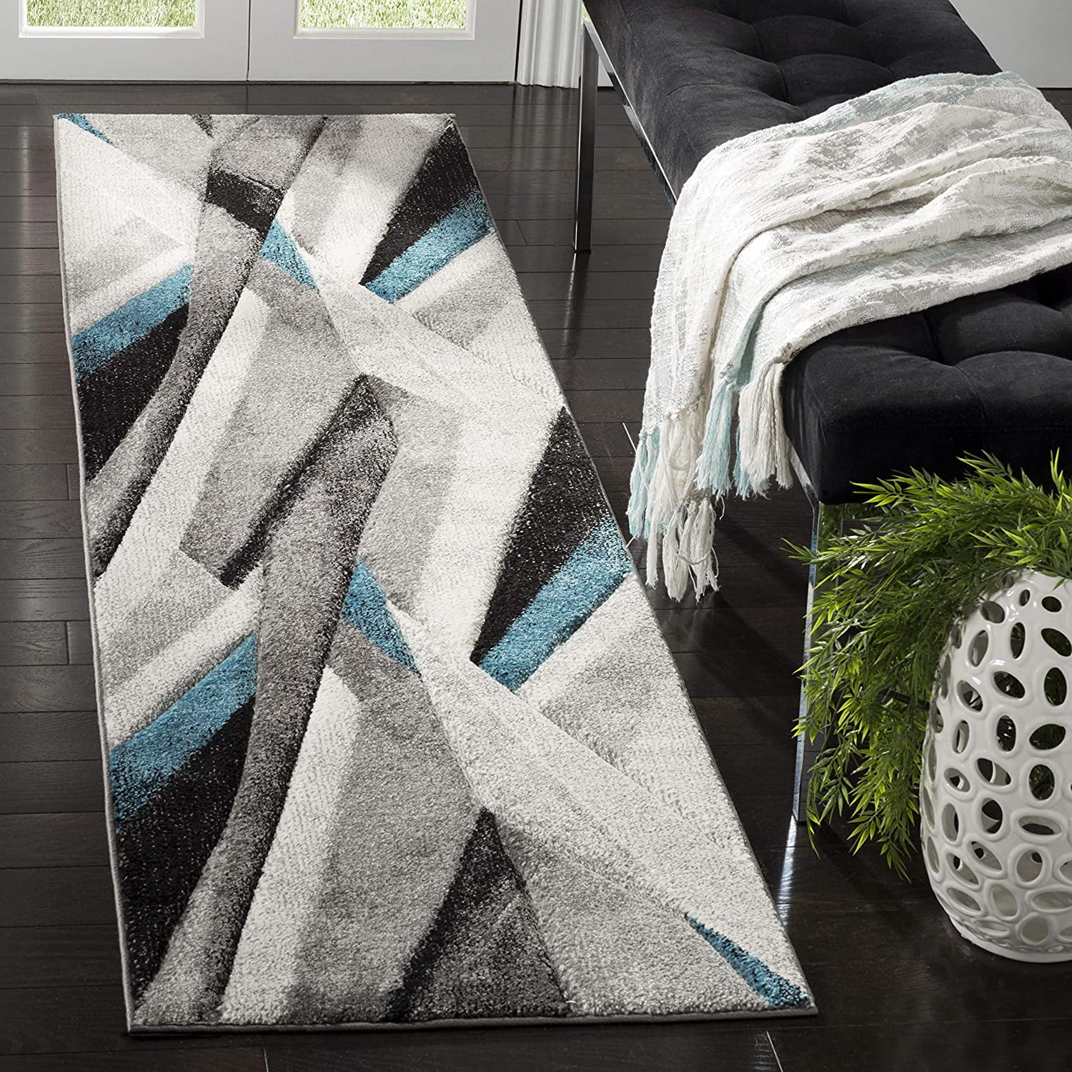 Hollywood Collection Runner Rug - 2'3" x 8', Grey & Teal, Mid-Century ...