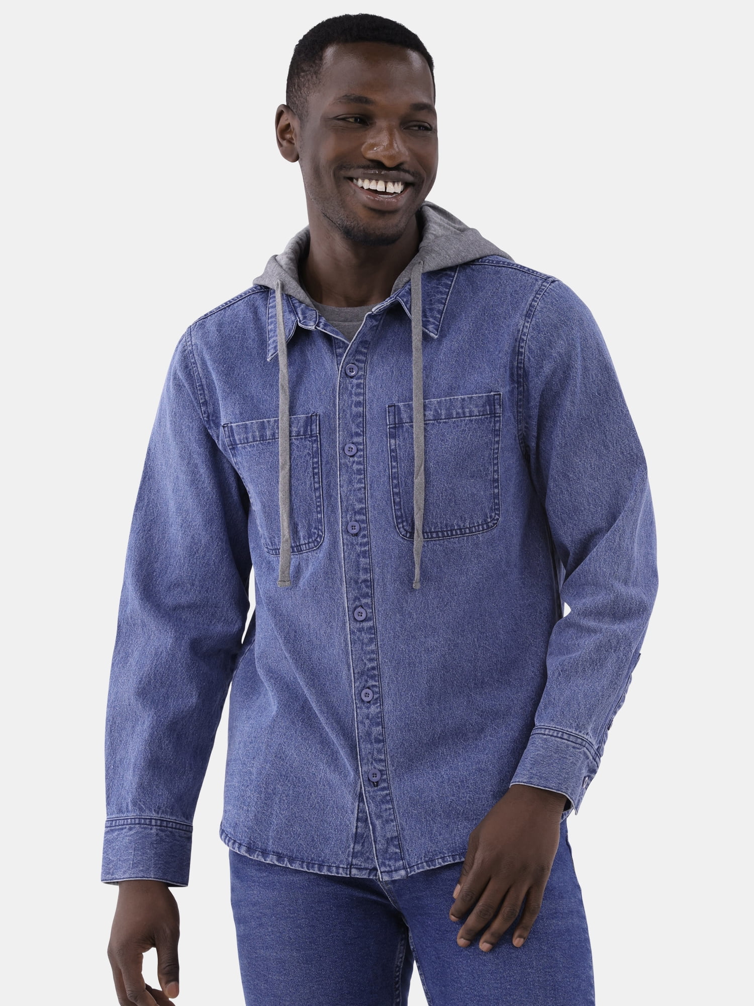 Hollywood Men's Denim Button up Hooded Shacket S to XL - Walmart.com