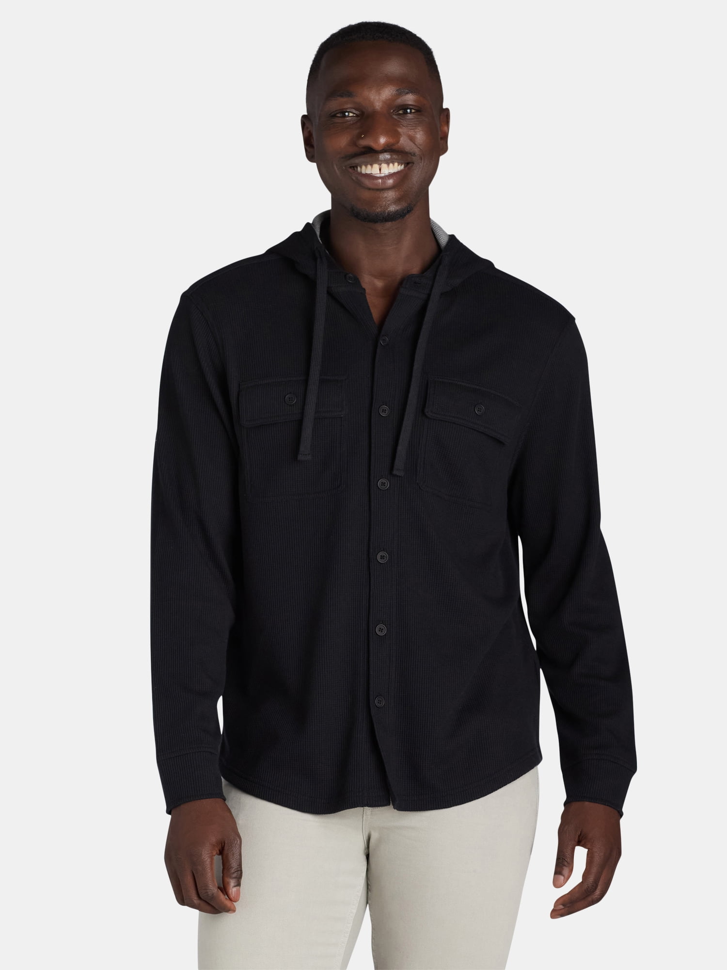 Hollywood Men's Thermal Button-Up Hoodie with Drawstring, Sizes S-XL ...