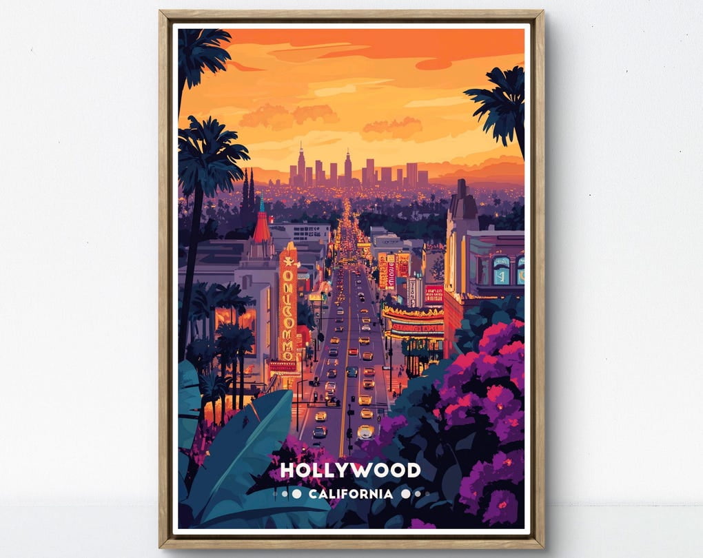Hollywood Poster, California Sunset Print, Retro La Skyline Art ...