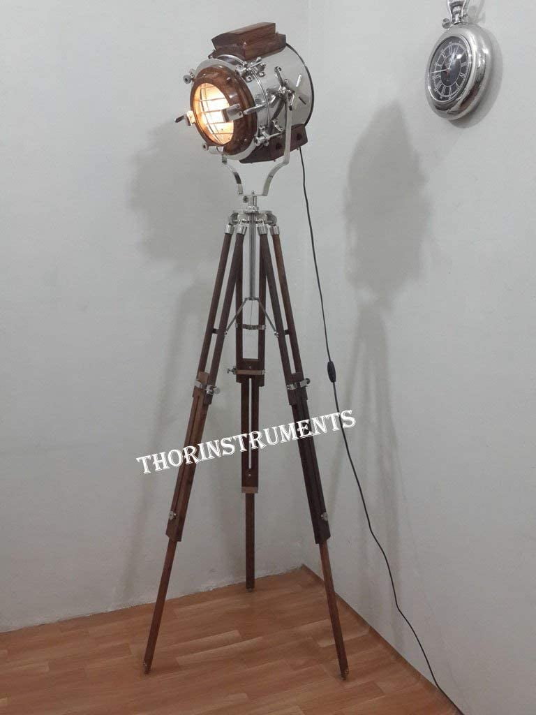 Hollywood Studio SEARCH Chrome & Wood LIGHT with TRIPOD FLOOR LAMP ...