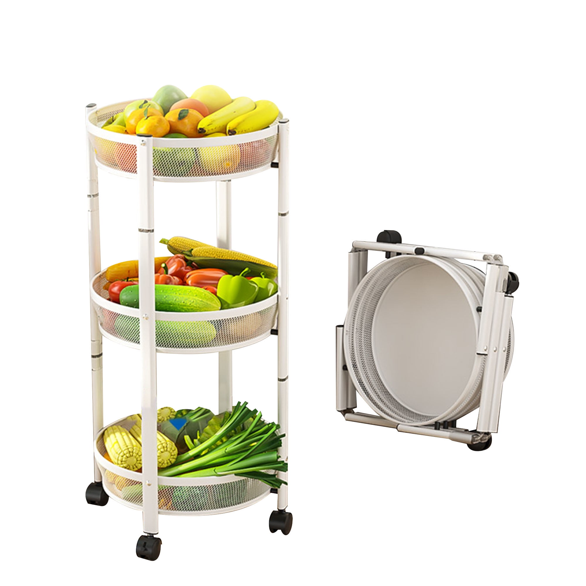 Holocky 3-Tier Foldable Utility Carts Rolling Round Kitchen Storage ...