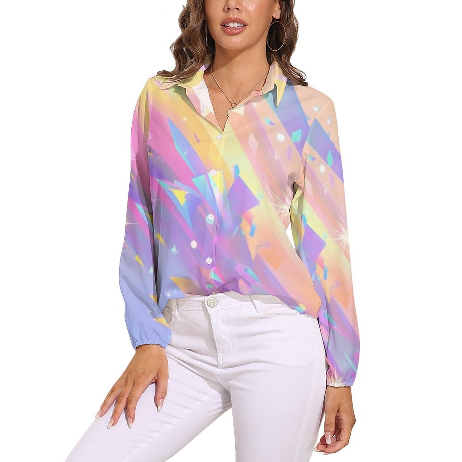 Holographic Color Gradient (2)-1 Vntage Casual Long Sleeve Shirt Blouse ...
