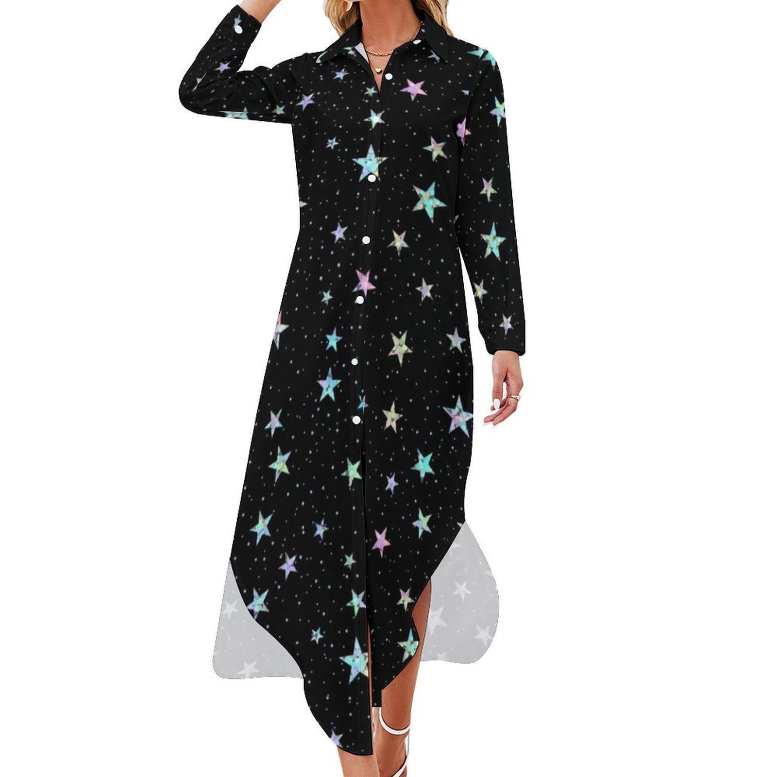 Holographic Iridescent Star Confetti Glitter Pattern (Black) Long ...