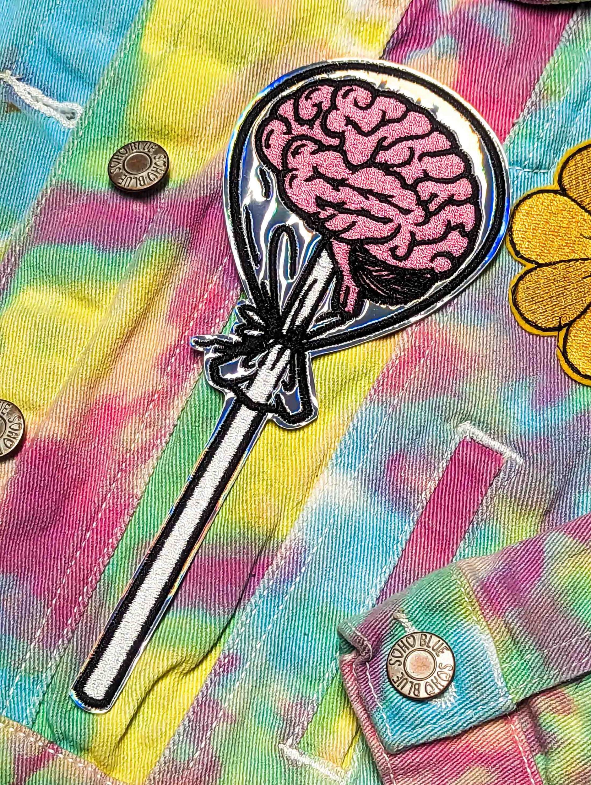 Holographic Silver Brain Lollipop Embroidered Iron-On Patch - Walmart.com