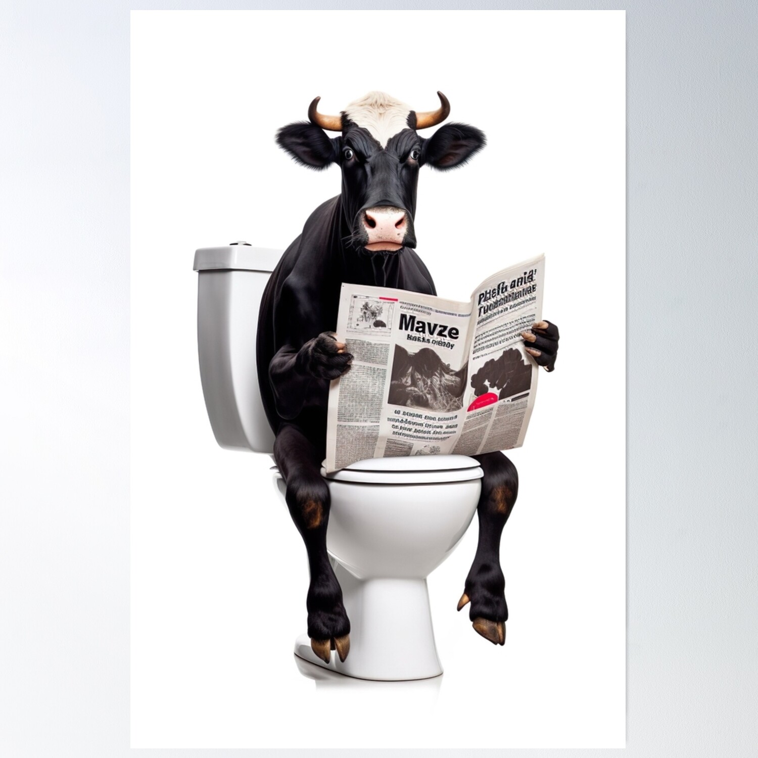Holstein Cow Sitting On The Toilet Reading A Newspaper Poster Wall Art ...